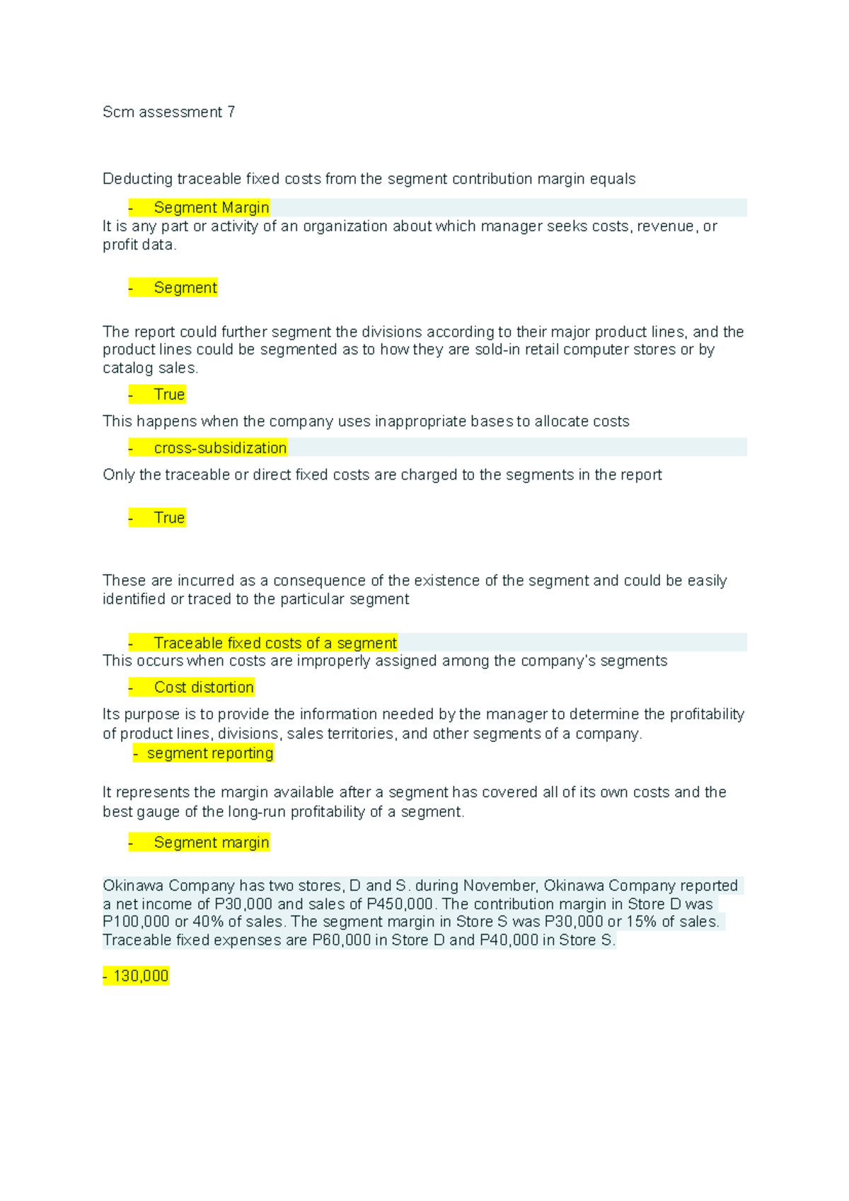SCM Assessment 7: Understanding Segment Margin and Cost Allocation - Studocu