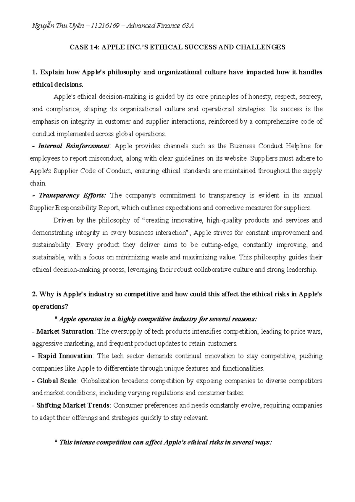Advanced Finance 63A - Business Ethics Case Study: Apple Inc. - Studocu