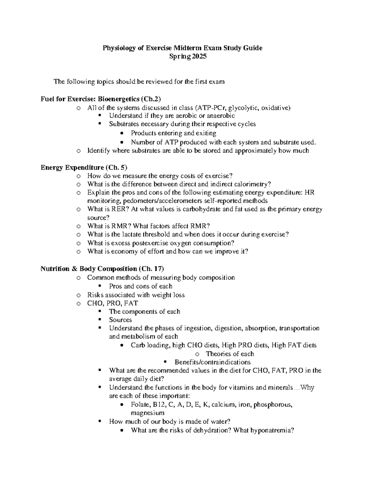Physiology of Exercise: Midterm Exam Study Guide (SP2025) - Studocu
