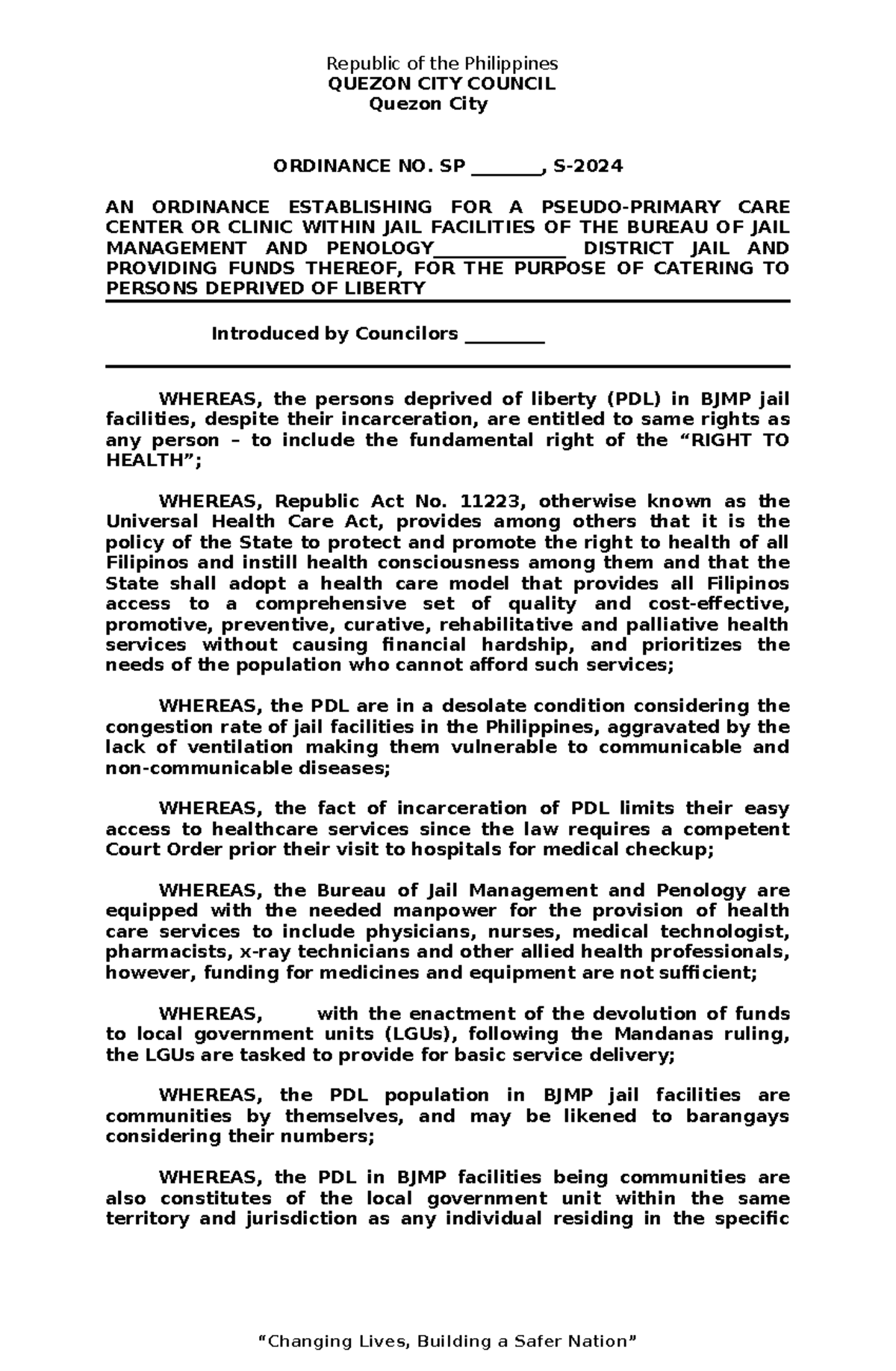 Quezon City Ordinance No. SP___ Establishing Jail Clinic for PDL Health ...