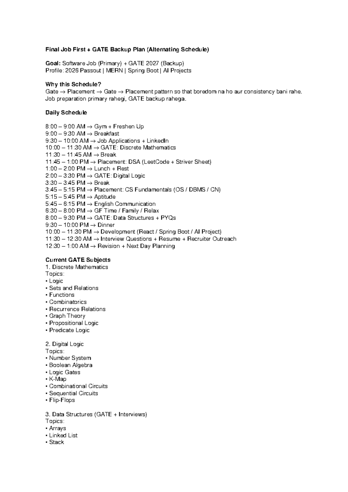 Final Job First GATE 2027 Backup Plan: Alternating Schedule - Studocu