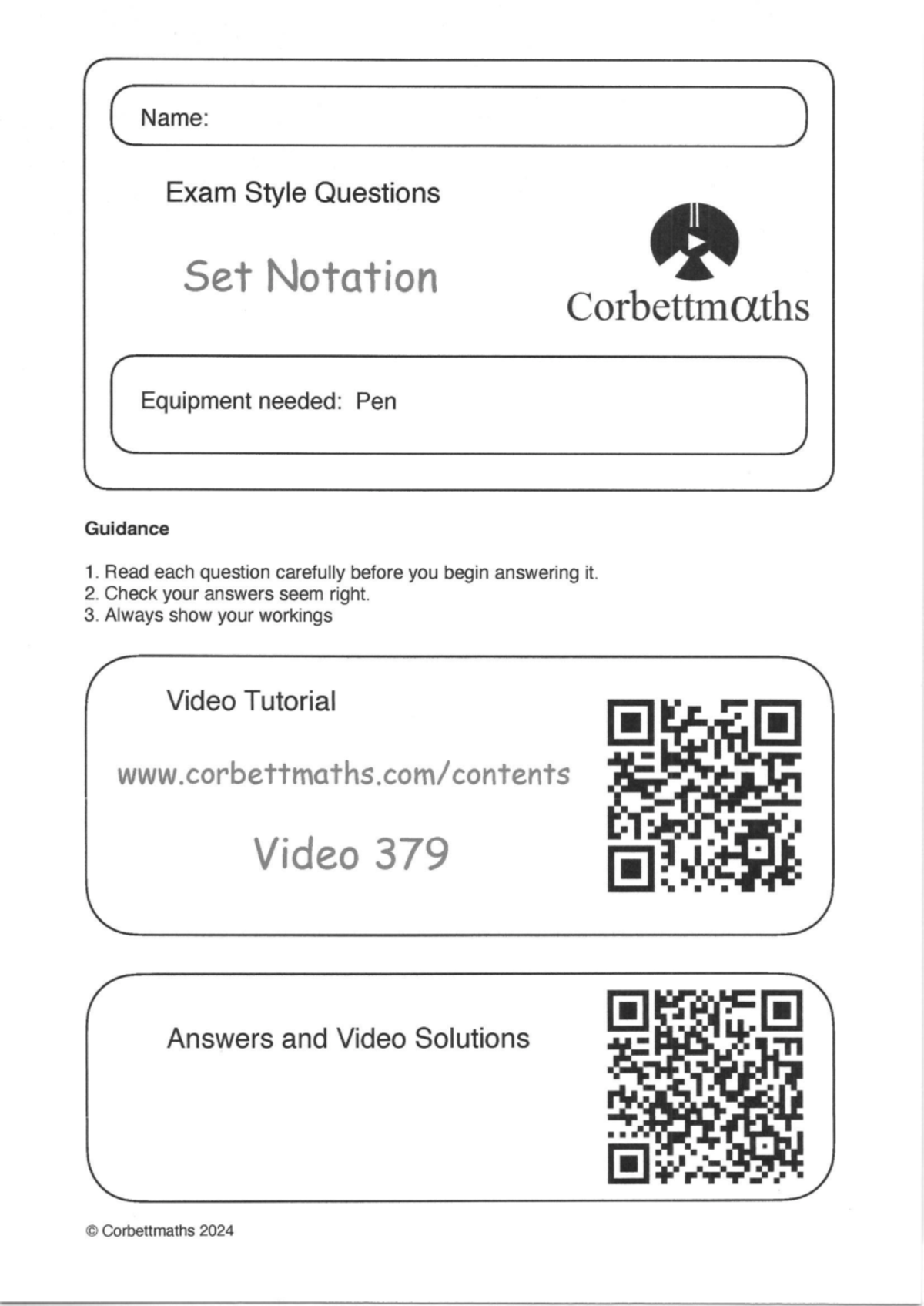 Set Notation Exam Style Questions - Corbettmaths 2024 - Studocu