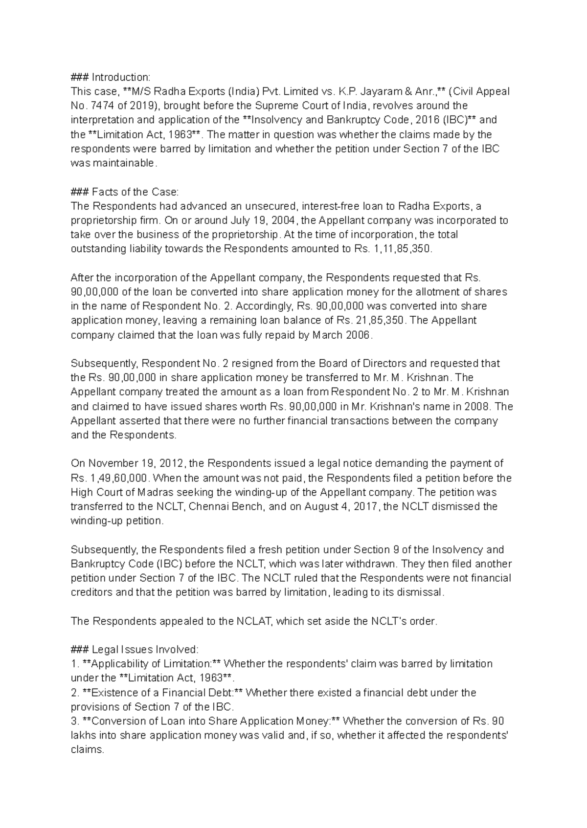IBC Case Study - M/S Radha Exports vs. K. Jayaram & Anr. Analysis - Studocu