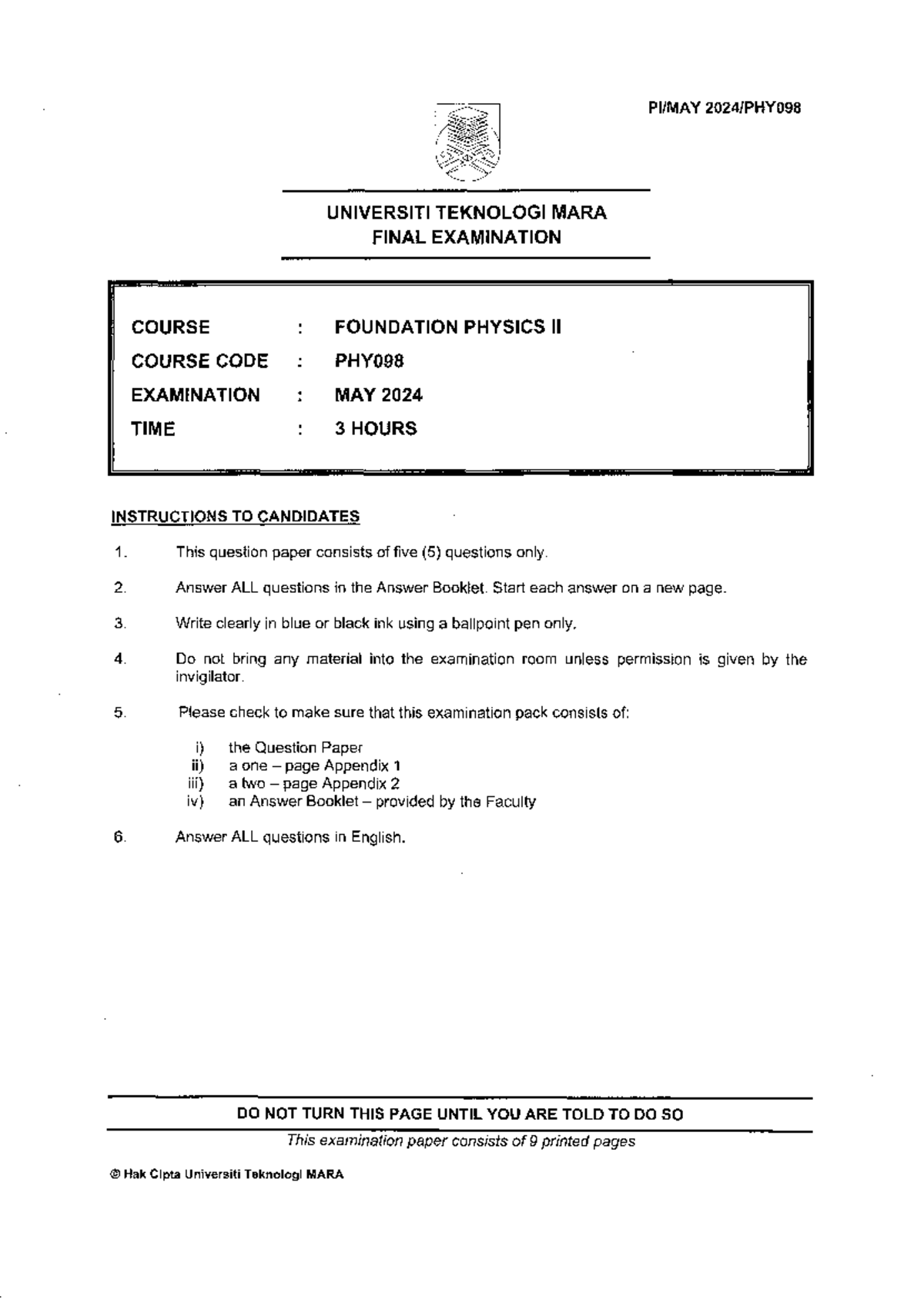 PHY098 Final Exam Paper - Foundation Physics II (May 2024) - Studocu