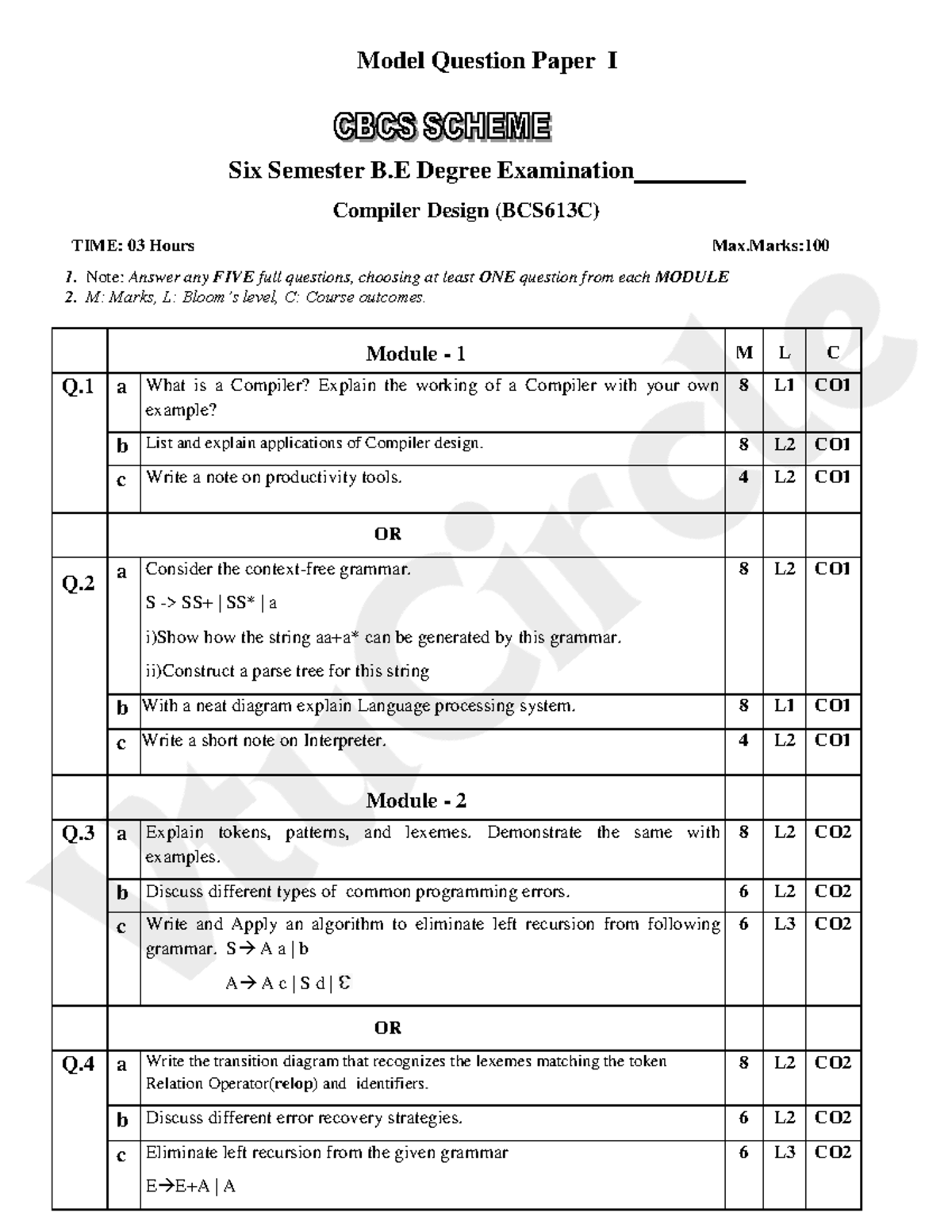 BCS613C Model Question Paper I for Compiler Design Exam - Studocu