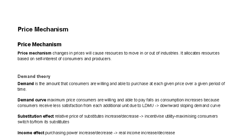 Price Mechanism - Summary of Economic Principles and Theories - Studocu
