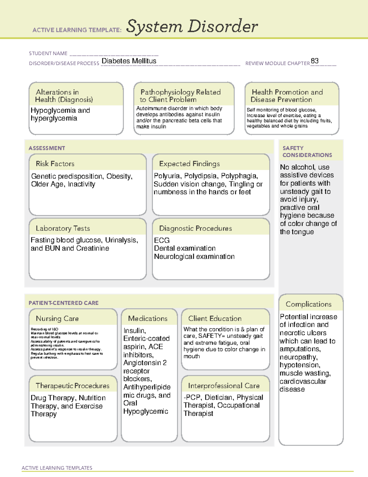 ATI System Disorder: Diabetes Mellitus - Active Learning Template - Studocu