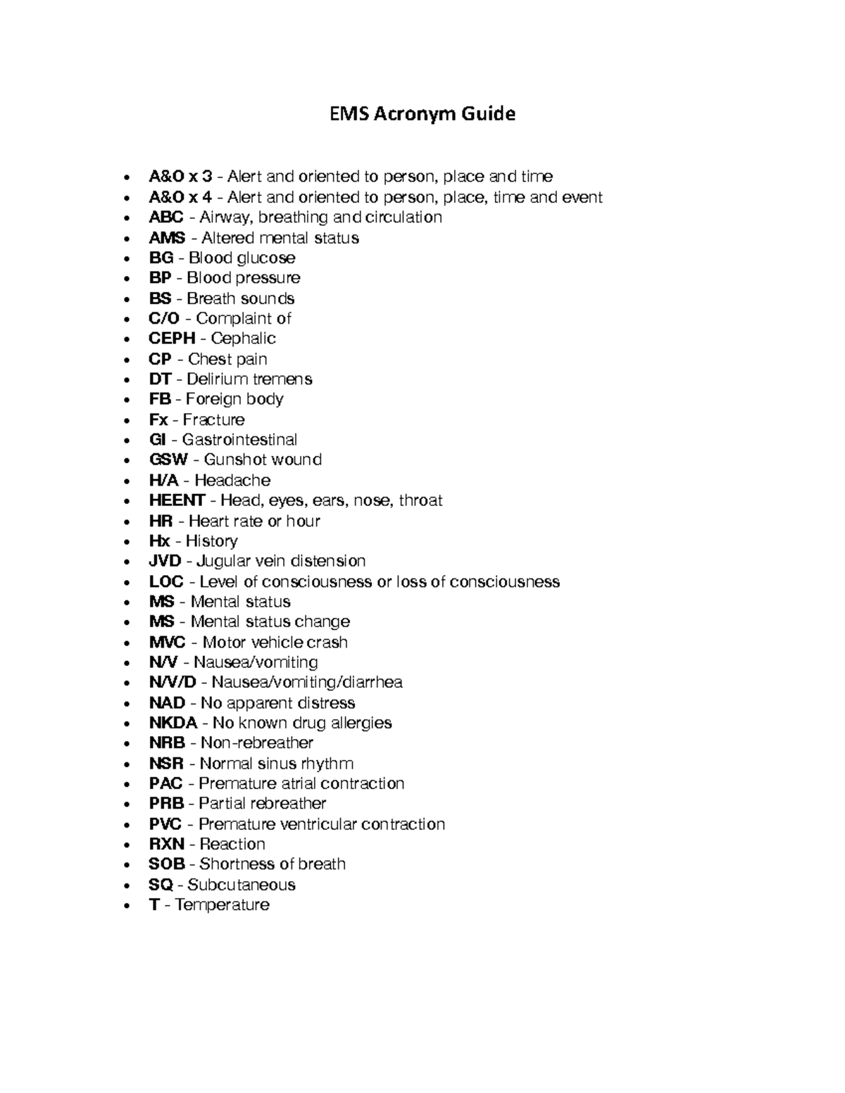 EMS Acronym Guide: Key Terms for Emergency Medical Services - Studocu