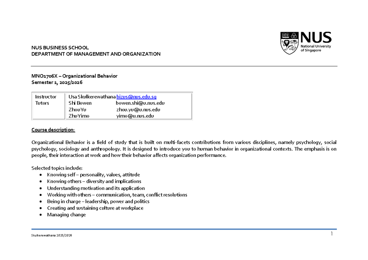 MNO1706X Organizational Behavior Course Overview and Learning Guide ...