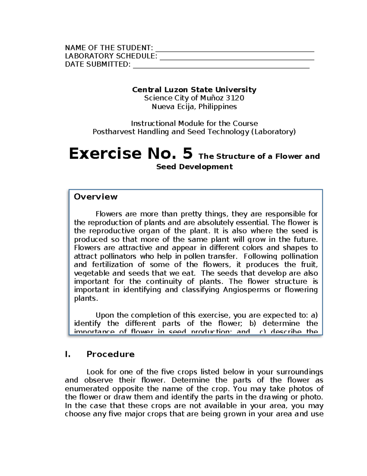 Exercise 5. The Structure of a Flower and Seed Development - NAME OF ...