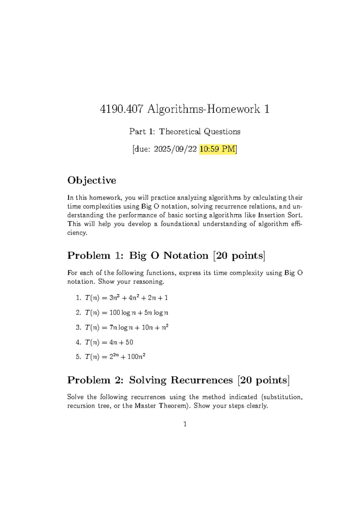 4190.407 Homework 1: Analyzing Algorithms & Time Complexities - Studocu