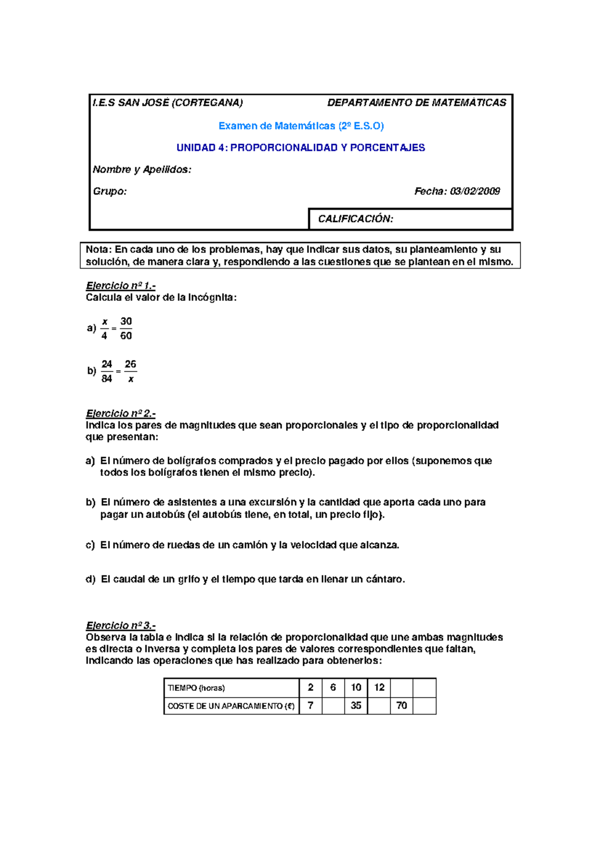 Examen de Matemáticas 2º E.S.O - Unidad 4: Proporcionalidad y ...