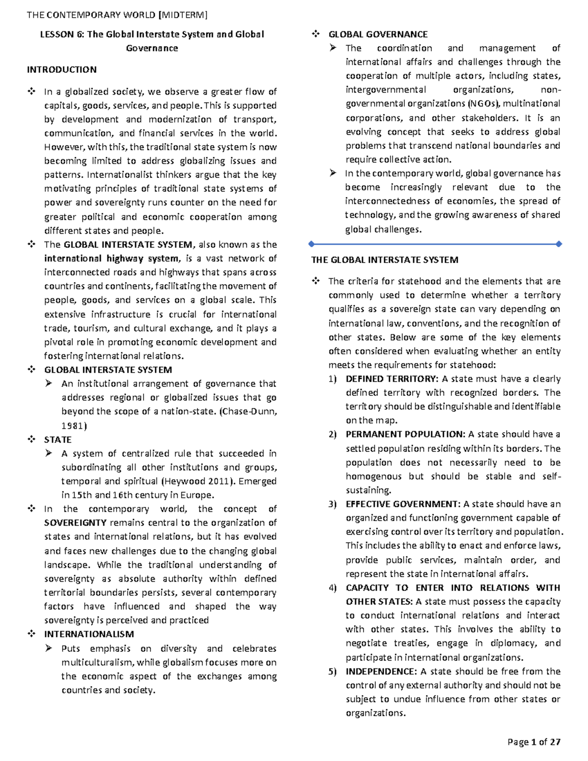 TCW - Midterm Review: Global Interstate System & Governance - Studocu