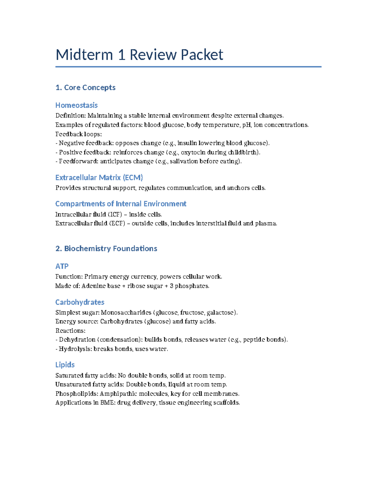 Midterm 1 Review Packet: Molecular Biology & Homeostasis Concepts - Studocu