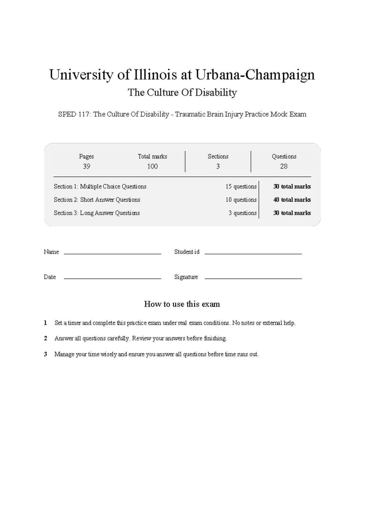 SPED 117: The Culture of Disability TBI Practice Mock Exam 2026 - Studocu