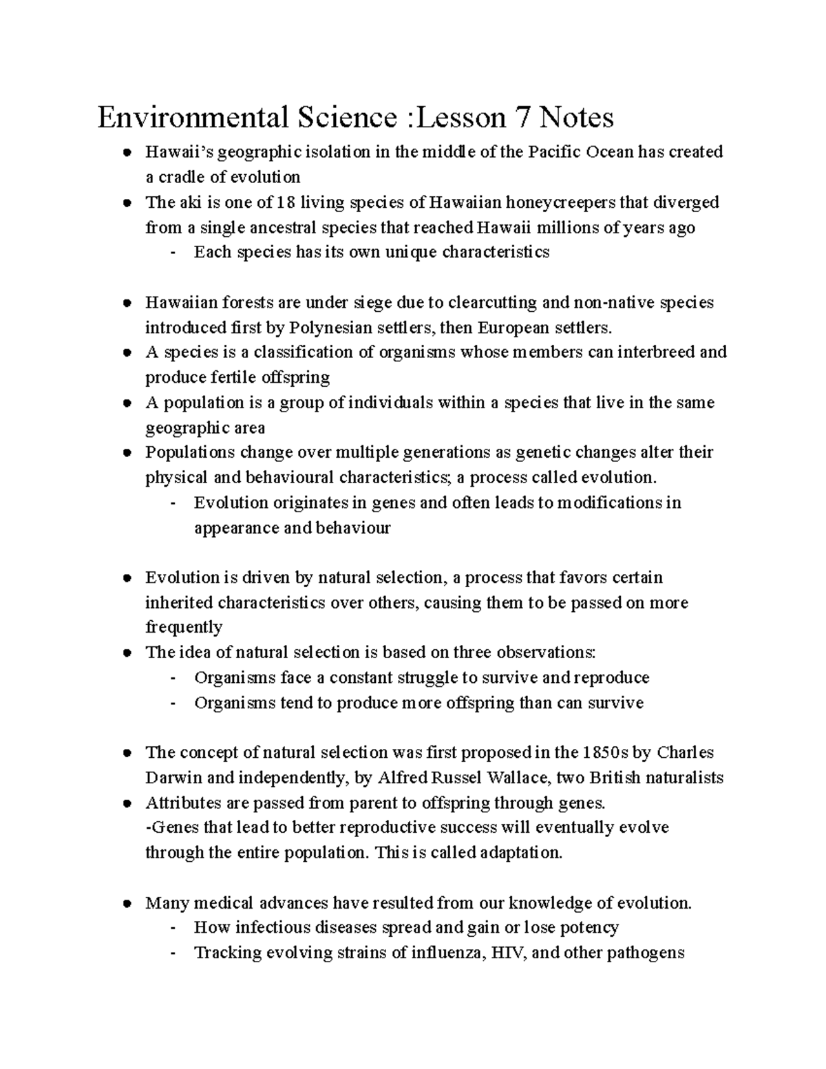 Environmental Science: Lesson 7 - Evolution & Biodiversity Notes - Studocu