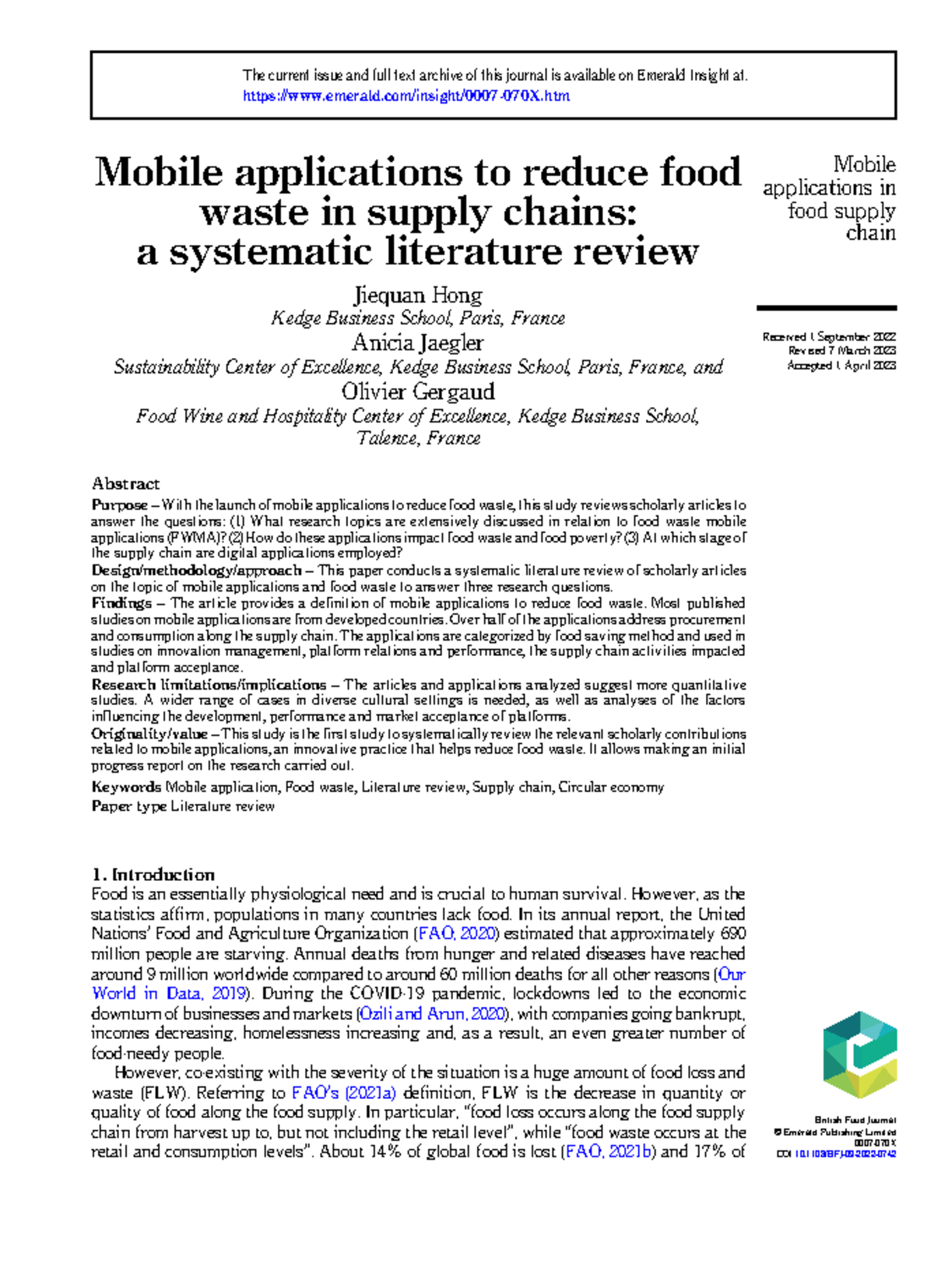 Mobile Applications to Reduce Food Waste in Supply Chains: A Systematic ...