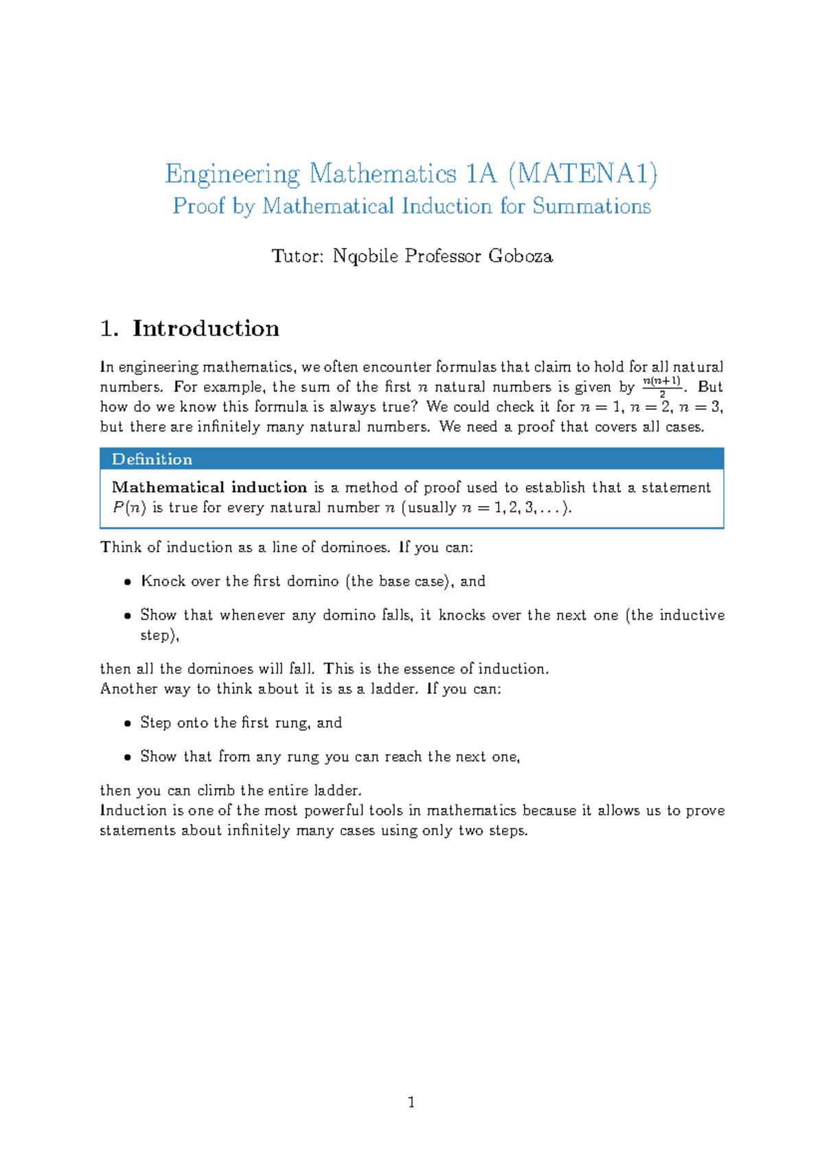 Engineering Mathematics 1A (MATENA1) Proofs of Mathematical Induction ...
