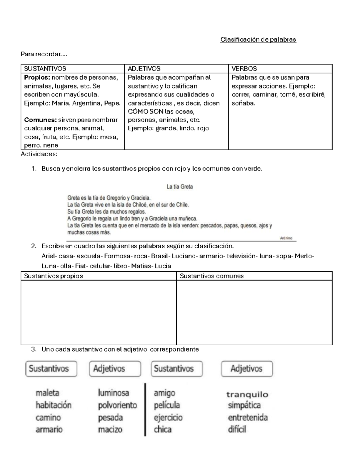 Sustantivos, adjetivos y verbos - Clasificación de palabras Para ...