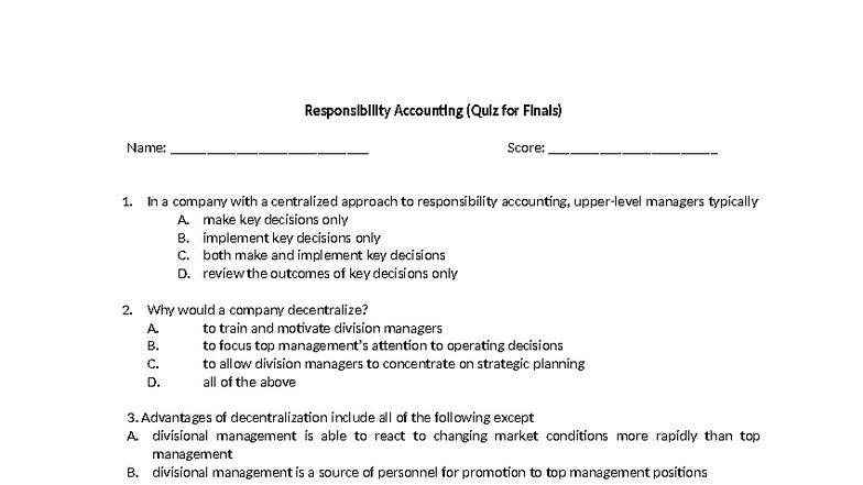Responsibility Accounting Quiz (FINALS) - Key Concepts & Questions ...