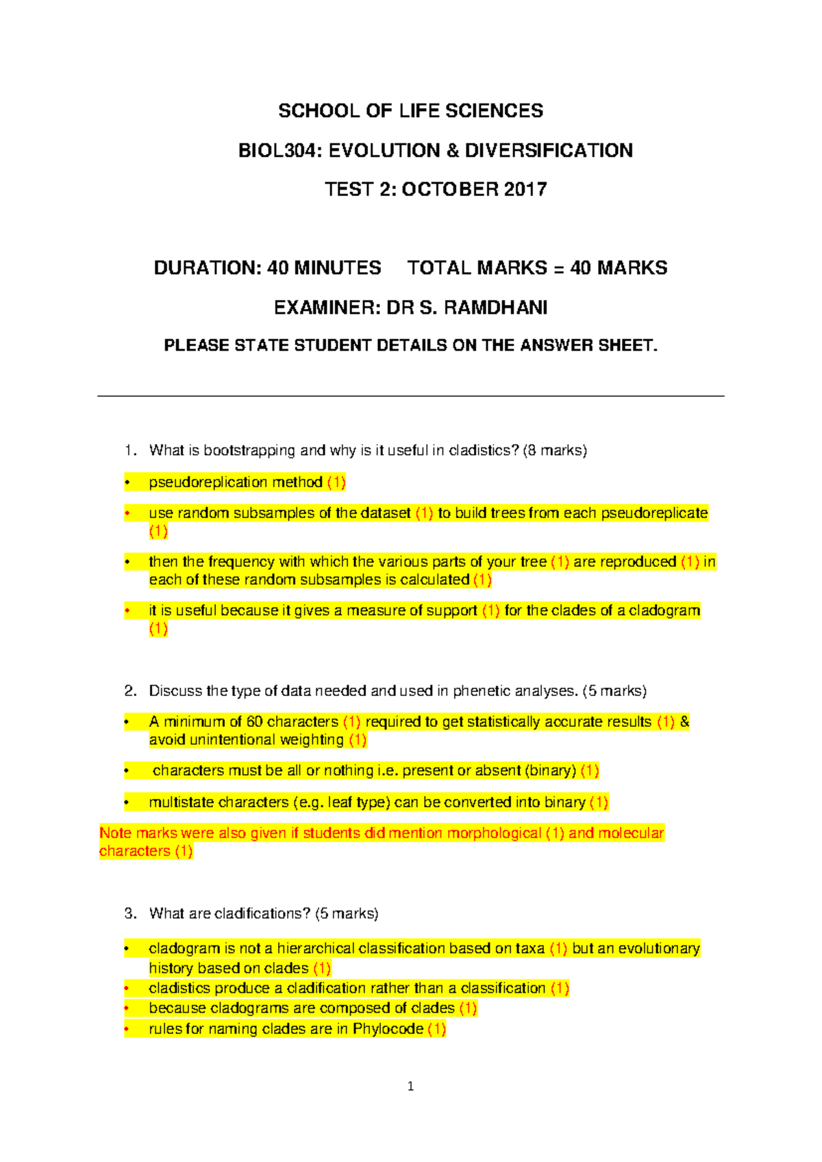 BIOL304 Test 2 - Evolution & Diversification October 2017 Paper - Studocu