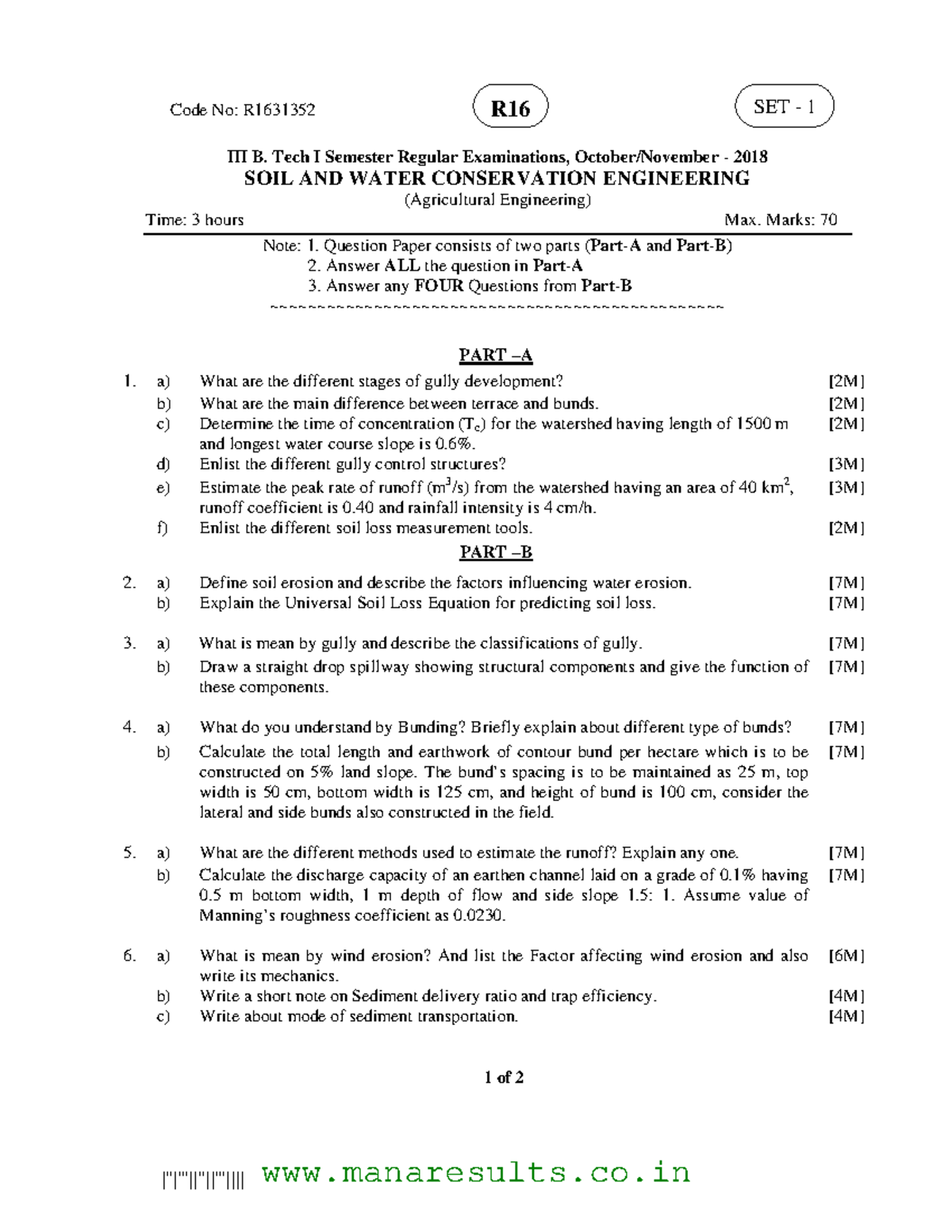 R16 B.Tech I Sem 2018 Soil & Water Conservation Engineering Exam Set 1 ...