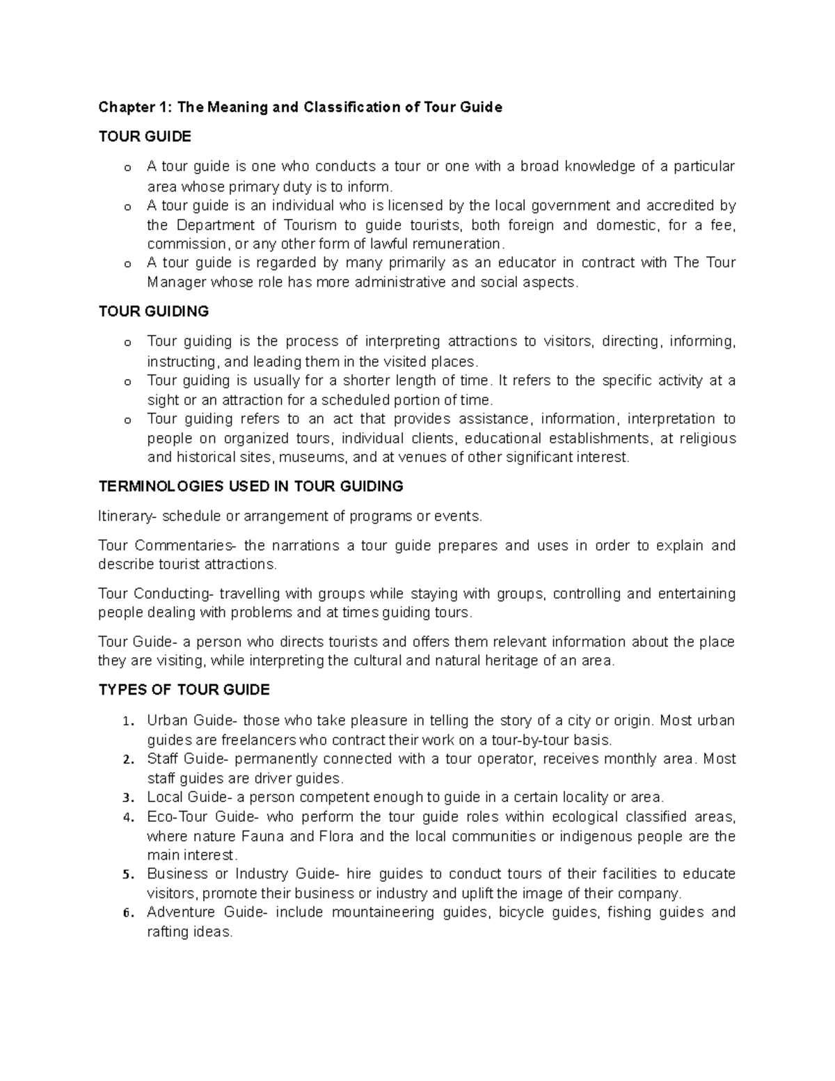 TG-CHAP1 - LECTURE NOTES ON TOUR GUIDE MEANING & CLASSIFICATION - Studocu