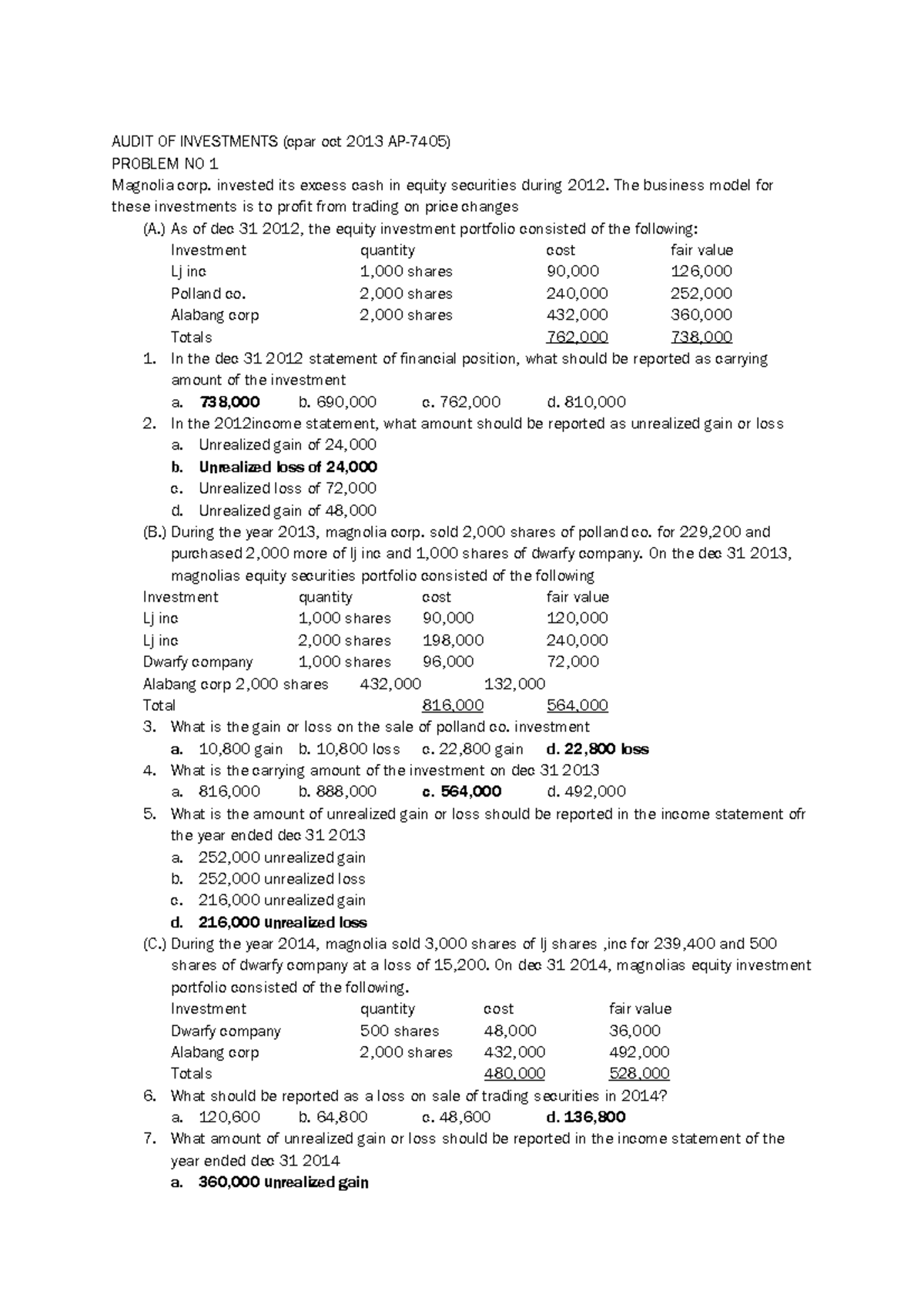 Audit of Investments Case Study Problems - CPAR AP-7405 - Studocu