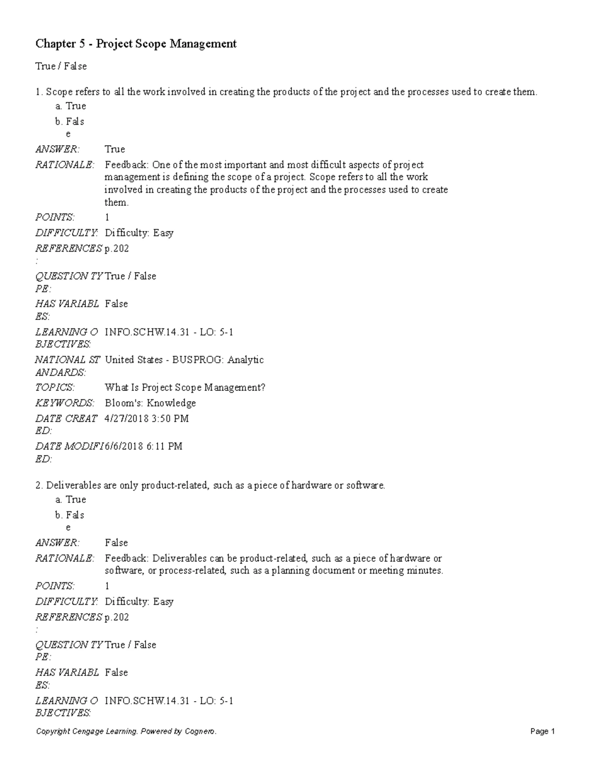 Chapter 3 The Project Management Process Groups - True / False ...