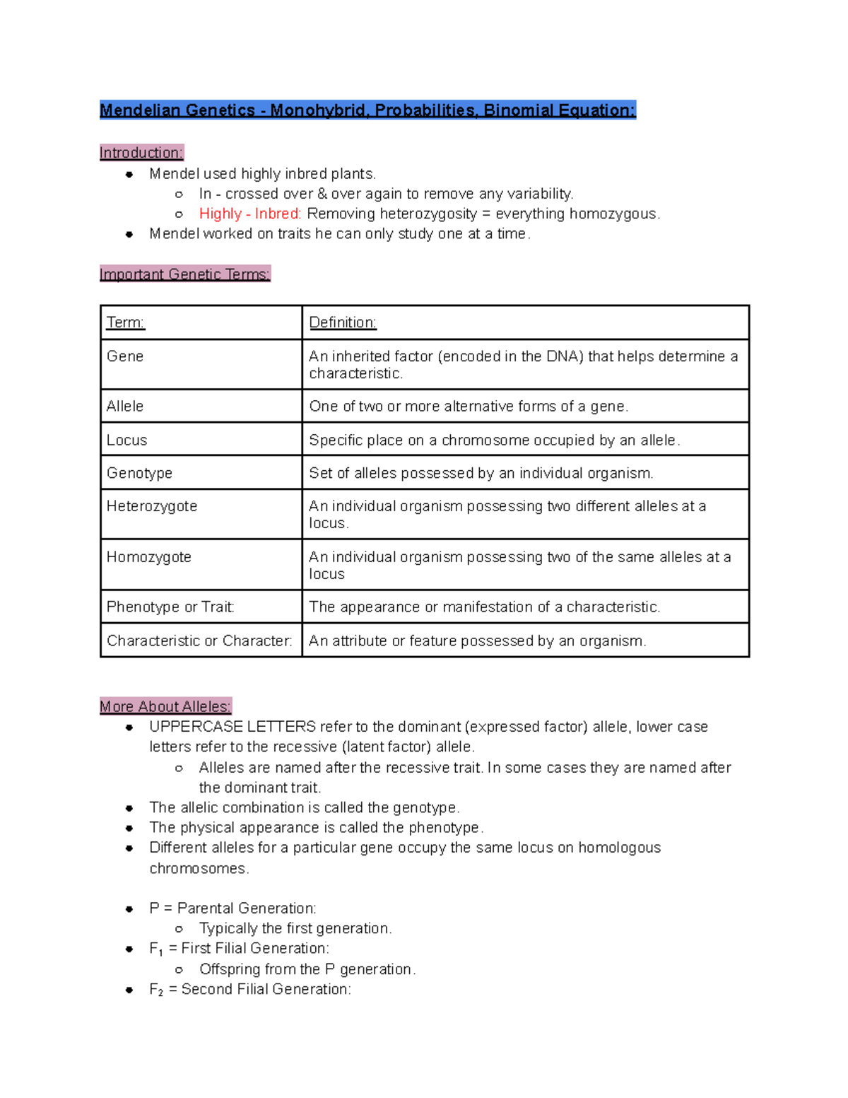Bio 1090 Midterm Notes: Mendelian Genetics & Key Concepts - Studocu