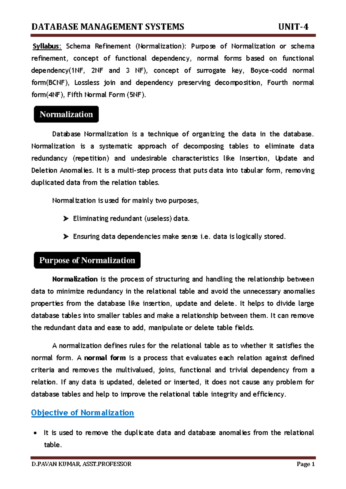DATABASE MANAGEMENT SYSTEMS Syllabus: Normalization & Functional ...