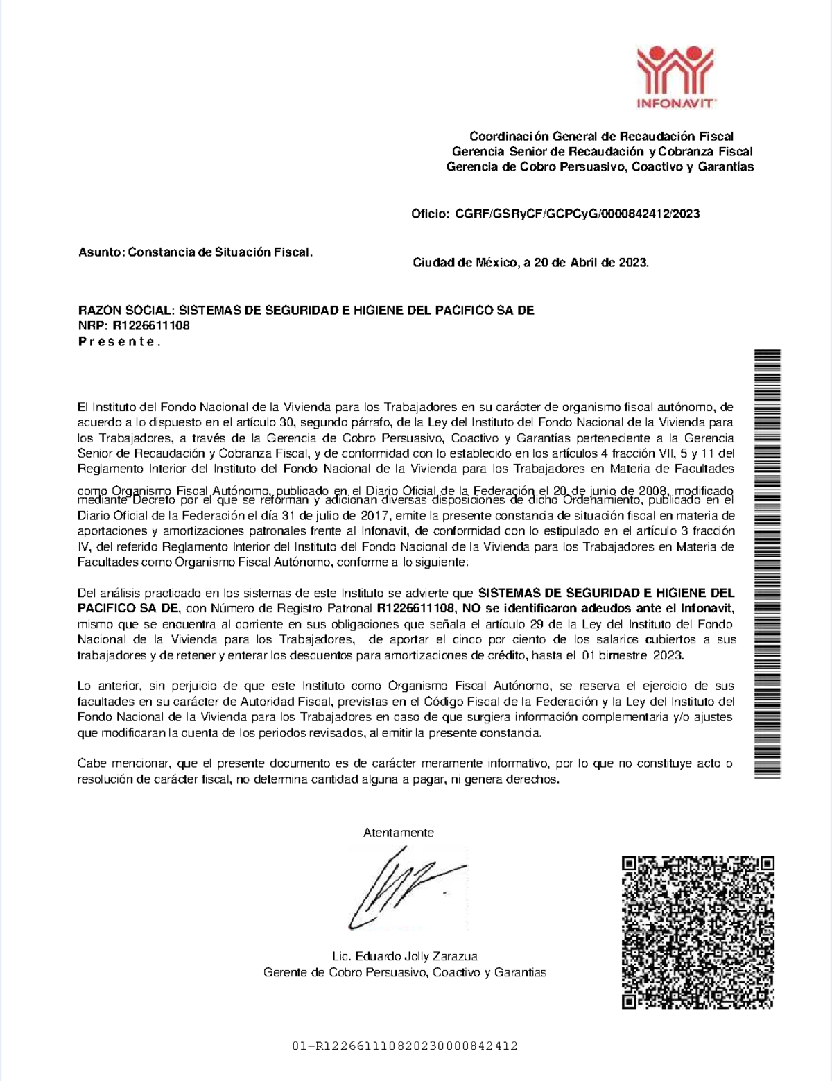 Constancia de Situación Fiscal Infonavit - R1226611 - 20/04/2023 - Studocu