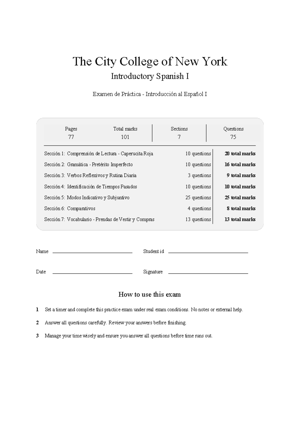 SPAN 12300 Introductory Spanish I Practice Exam 2026 - Studocu