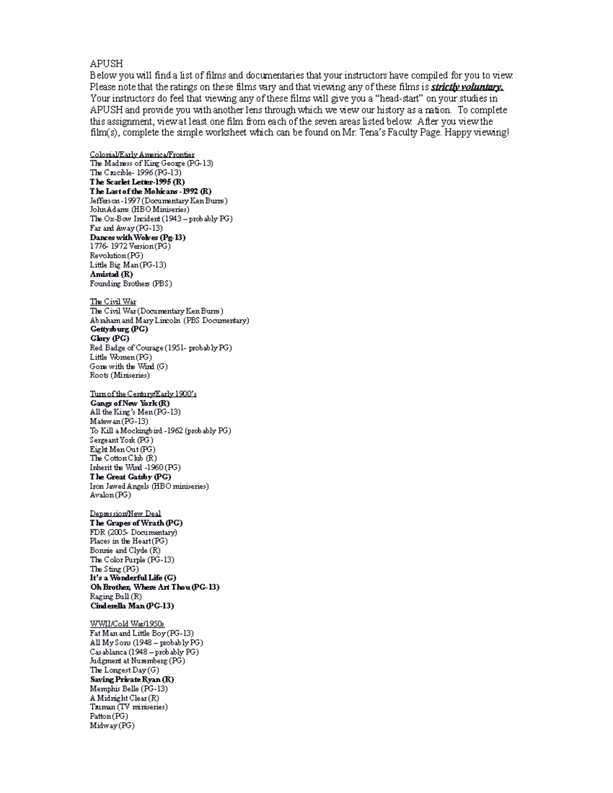 APUSH Film & Documentary Viewing List for Extra Credit - Studocu