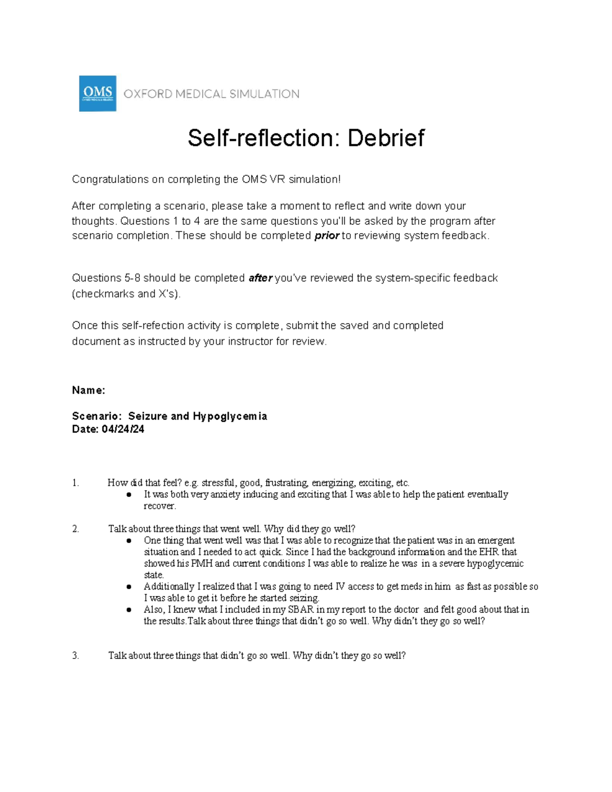 OMS Self-Reflection: Seizure & Hypoglycemia Simulation Debrief - Studocu
