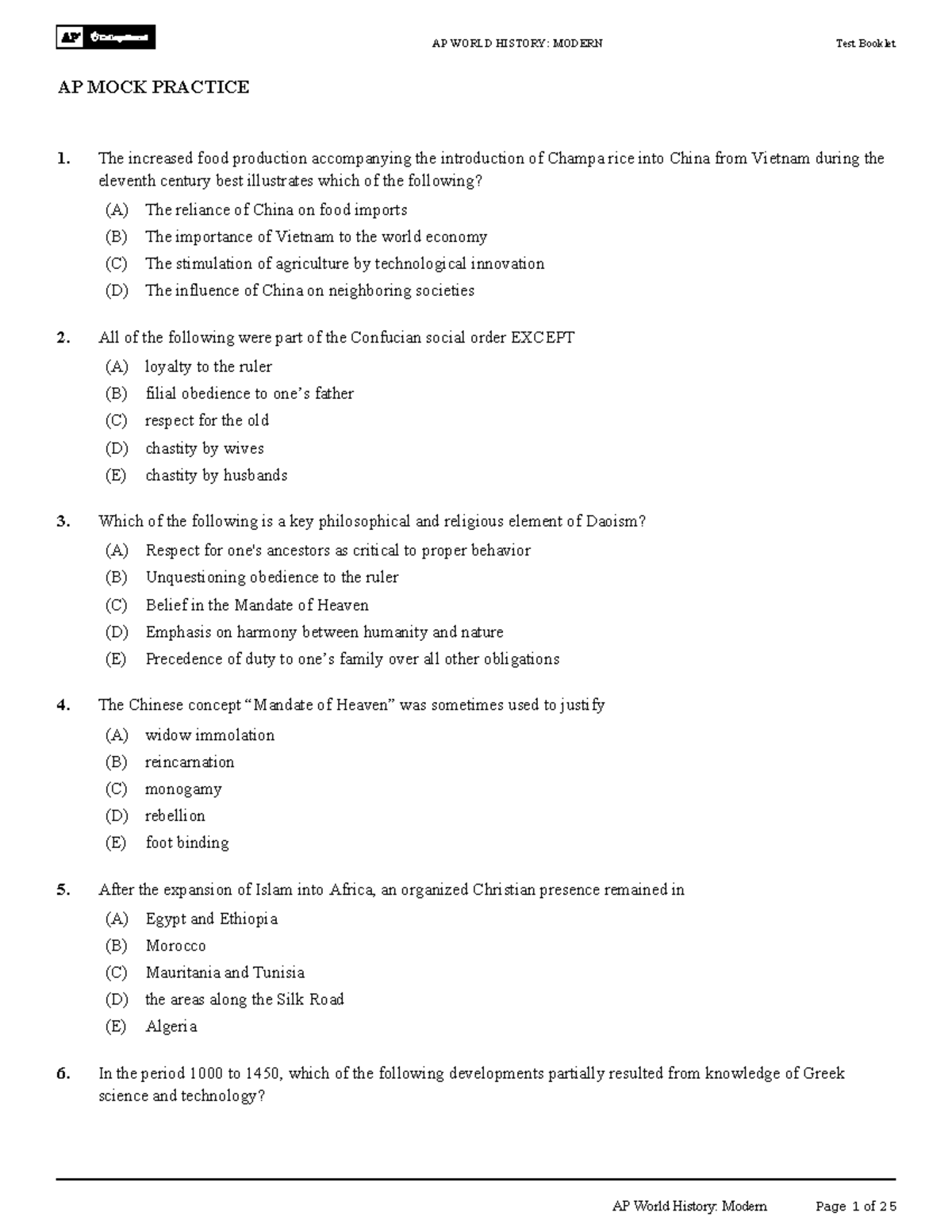 AP World History: Modern Mock Practice Questions Units 1-5 - Studocu
