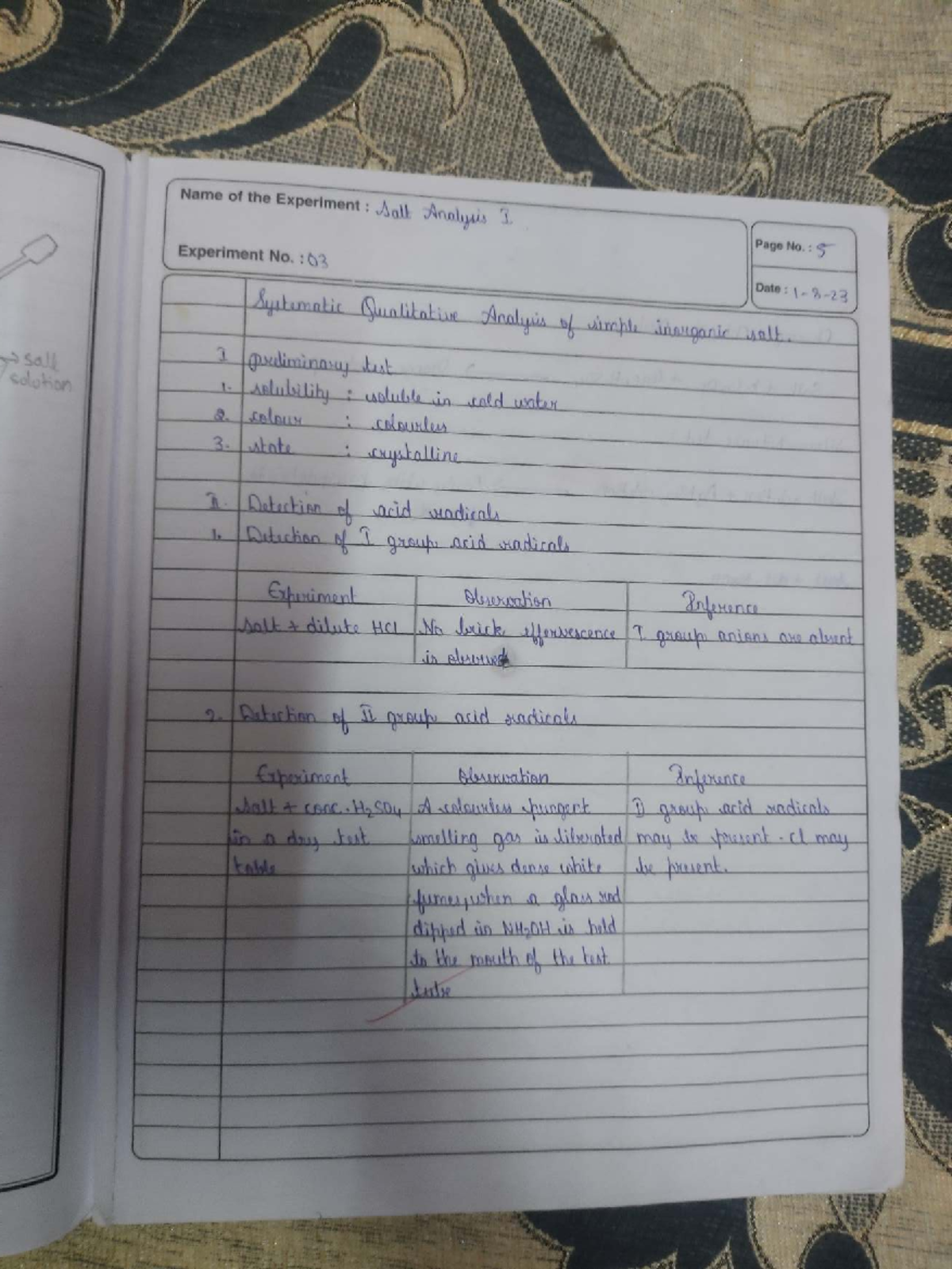 Salt Analysis of Ammonium Chloride: Experiment No. 03 - Studocu