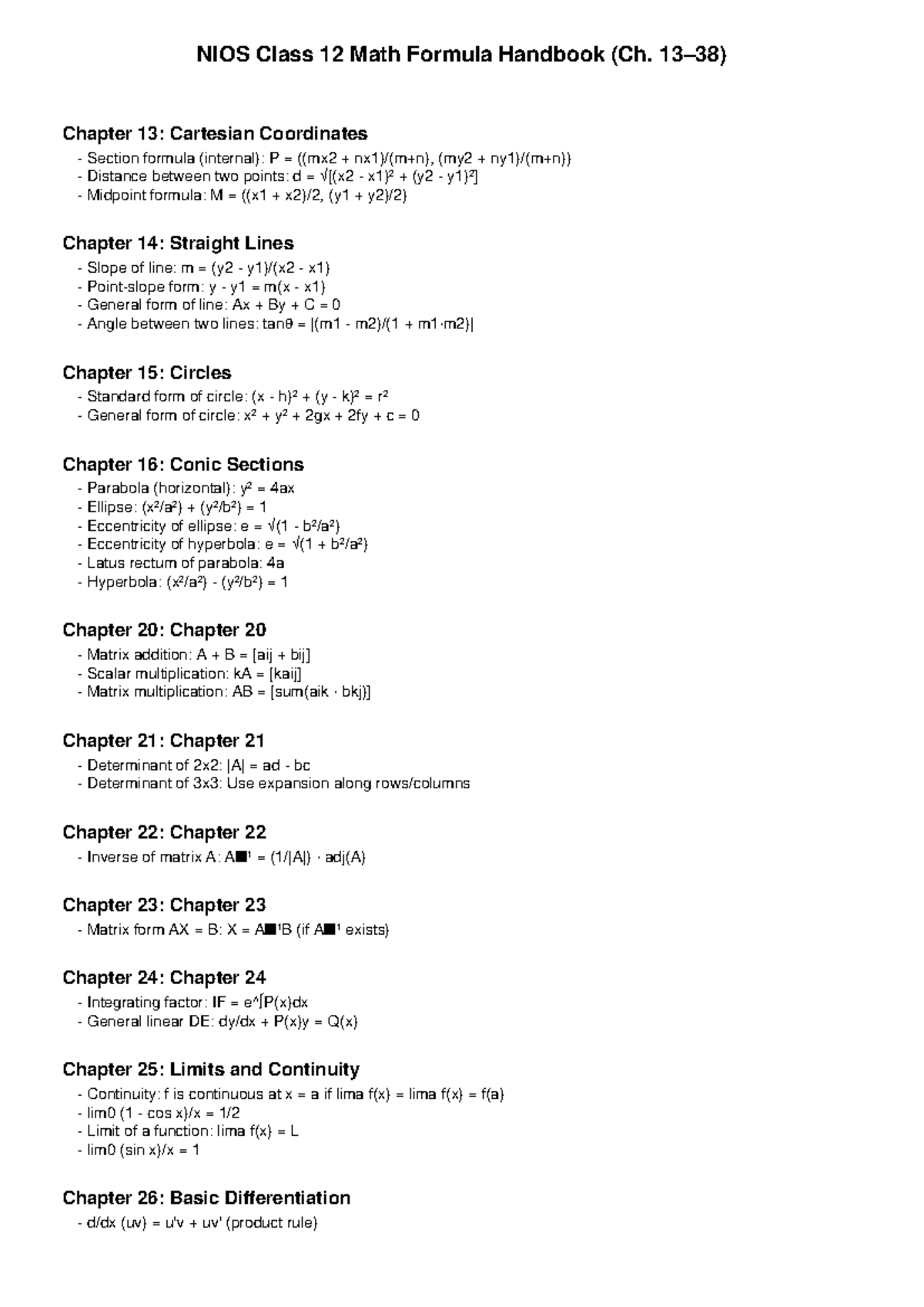 NIOS Class 12 Math Formula Handbook: Comprehensive Guide - Studocu