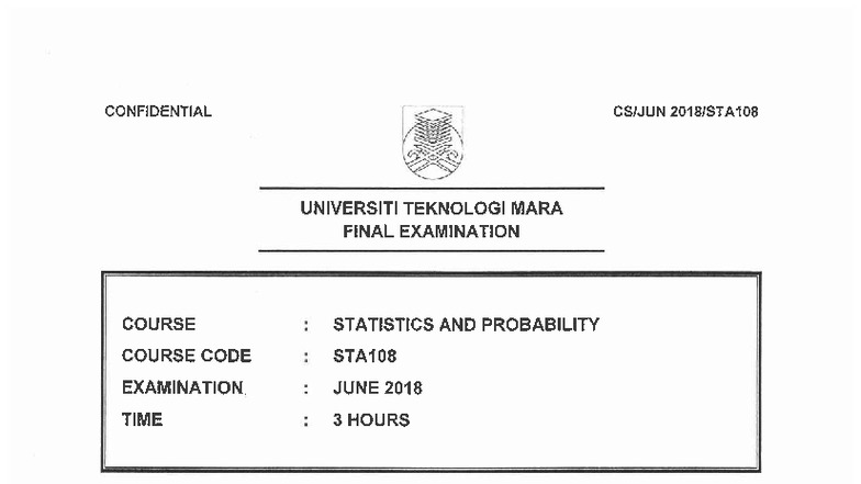 STA108 Final Exam: Statistics and Probability June 2018 - Studocu
