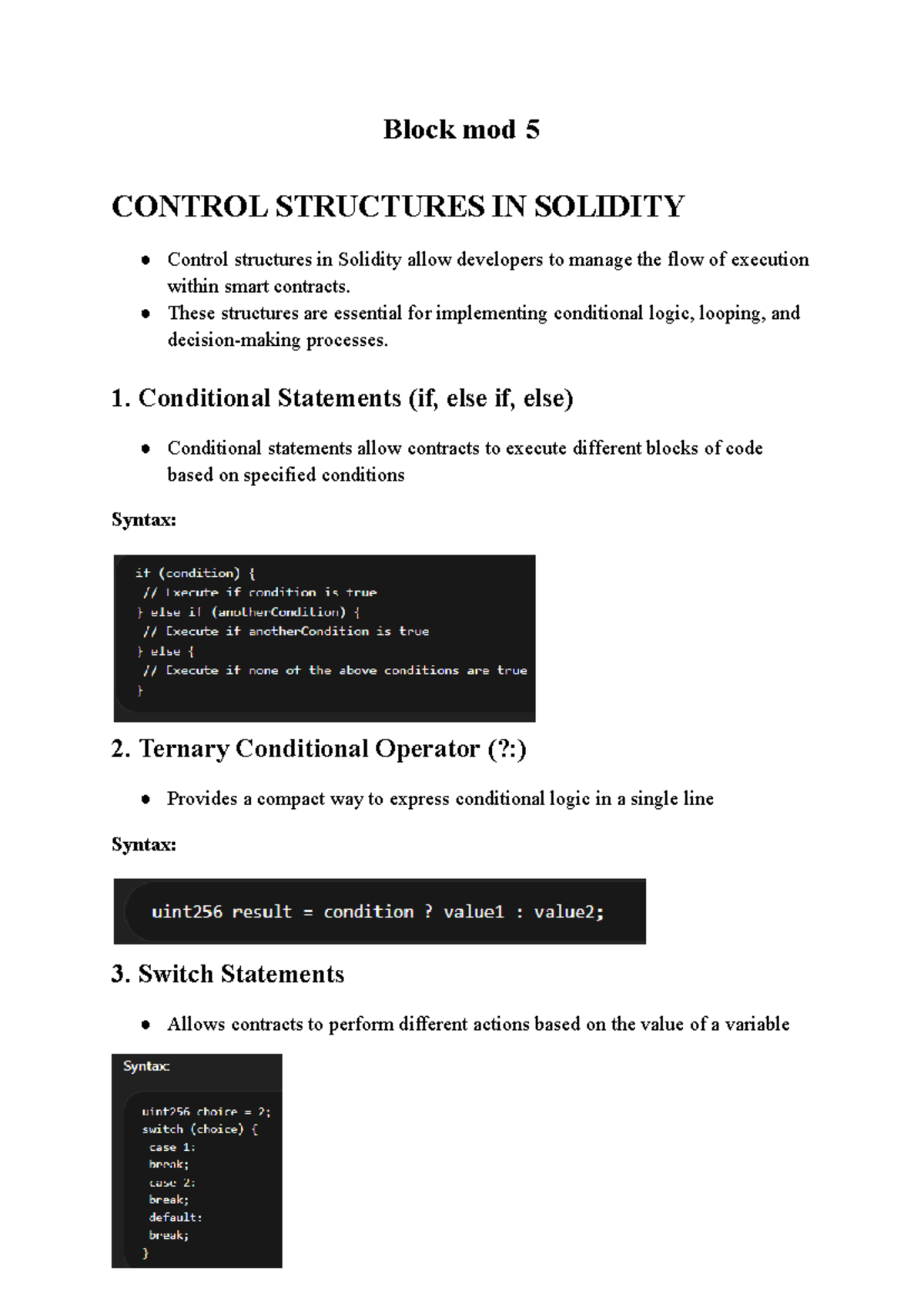 Block Mod 5: Control Structures & Functions in Solidity - Studocu