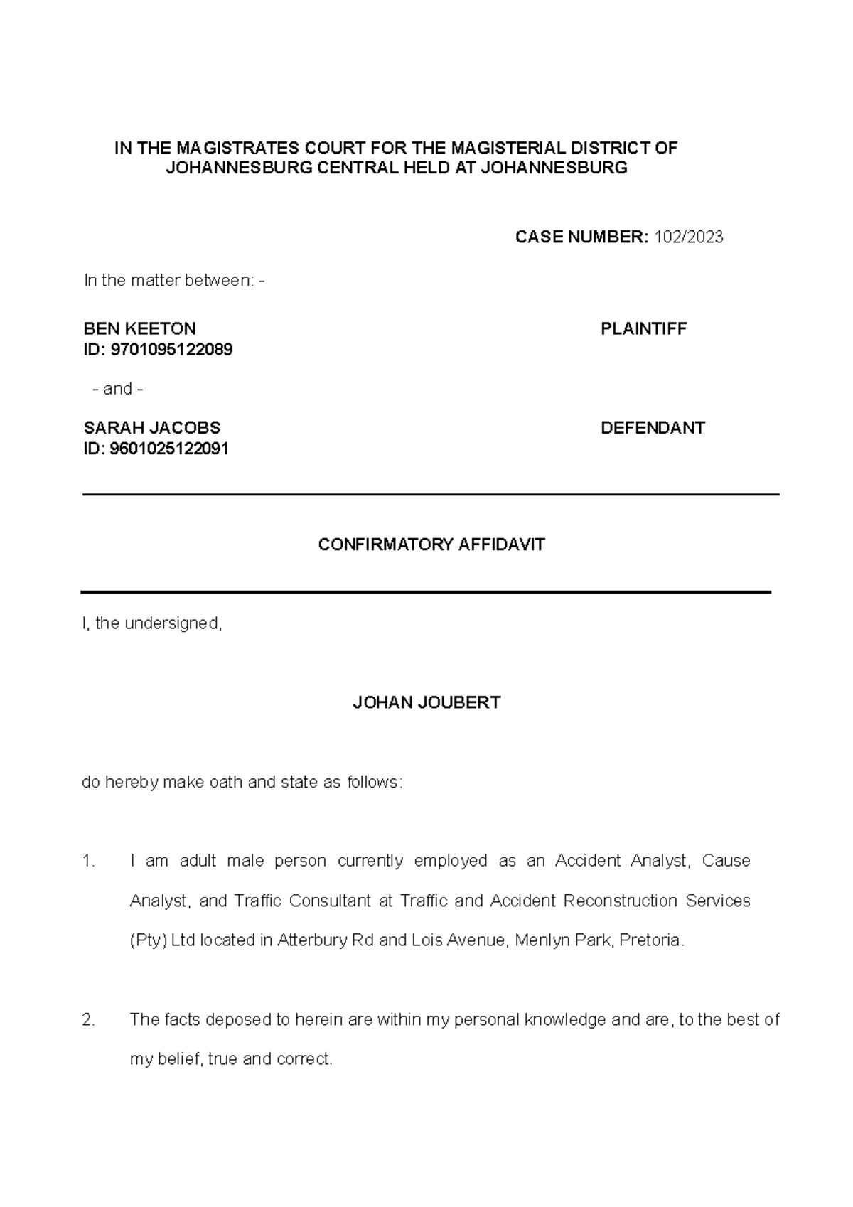 Confirmatory Affidavit Case 102/ - MR Joubert's Expert Testimony - Studocu