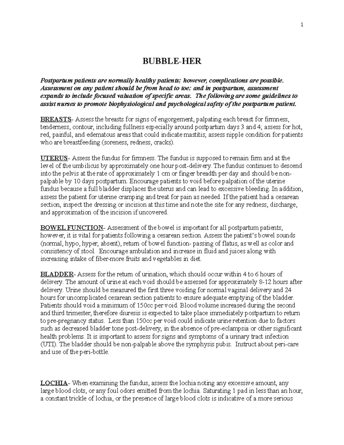Postpartum Assessment Guidelines: Bubble-Her Patient Care - Studocu