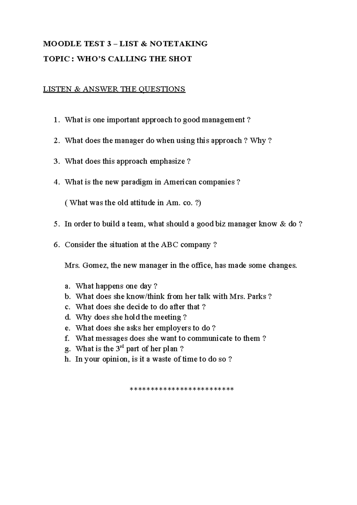 Moodle TEST 3 - Notetaking on Management Approaches and Team Building ...
