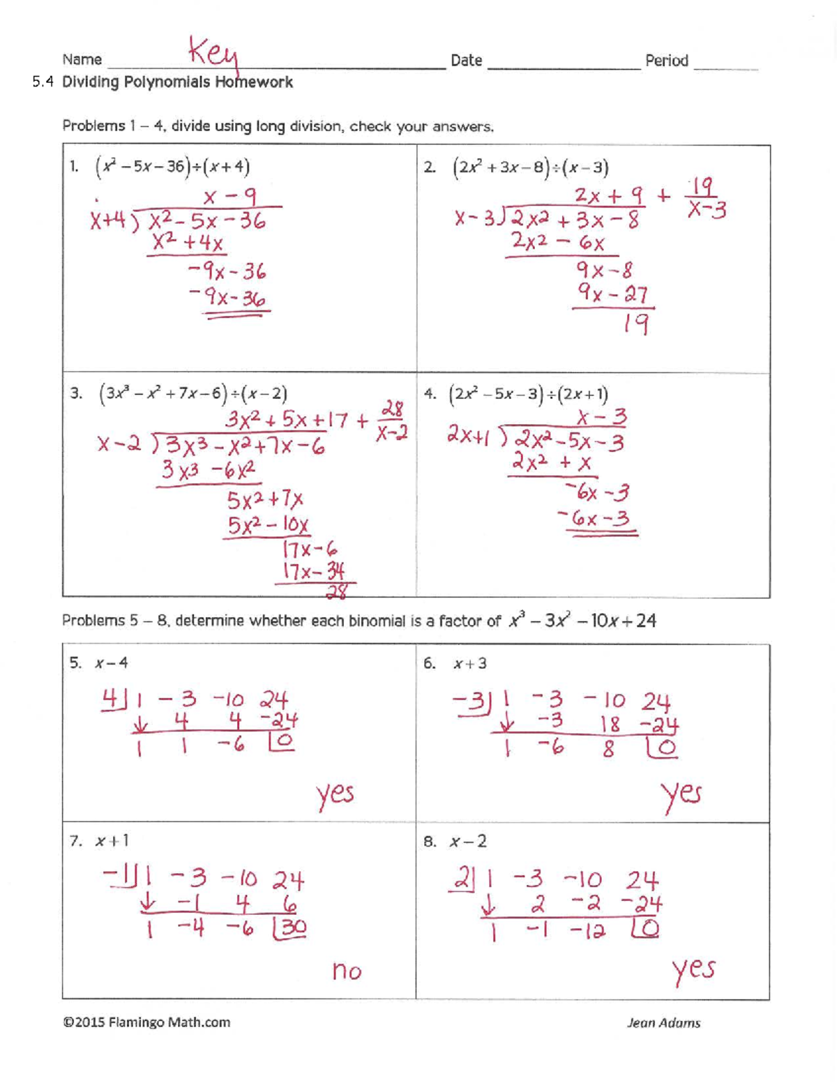 4Dividing Polynomials HWKey - Name Key Date Period 5 Dividing ...