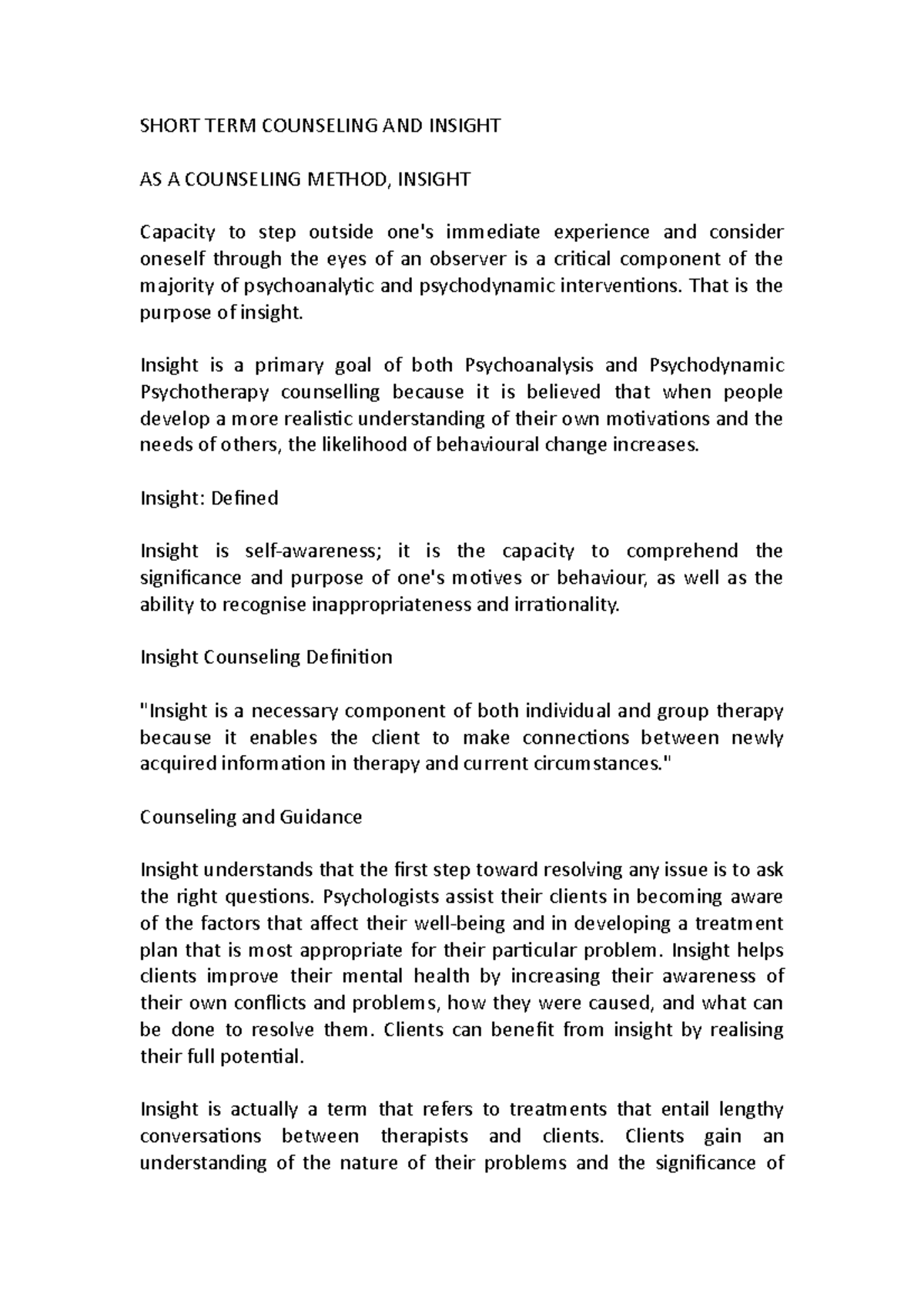 Short TERM Counseling AND Insight - SHORT TERM COUNSELING AND INSIGHT ...
