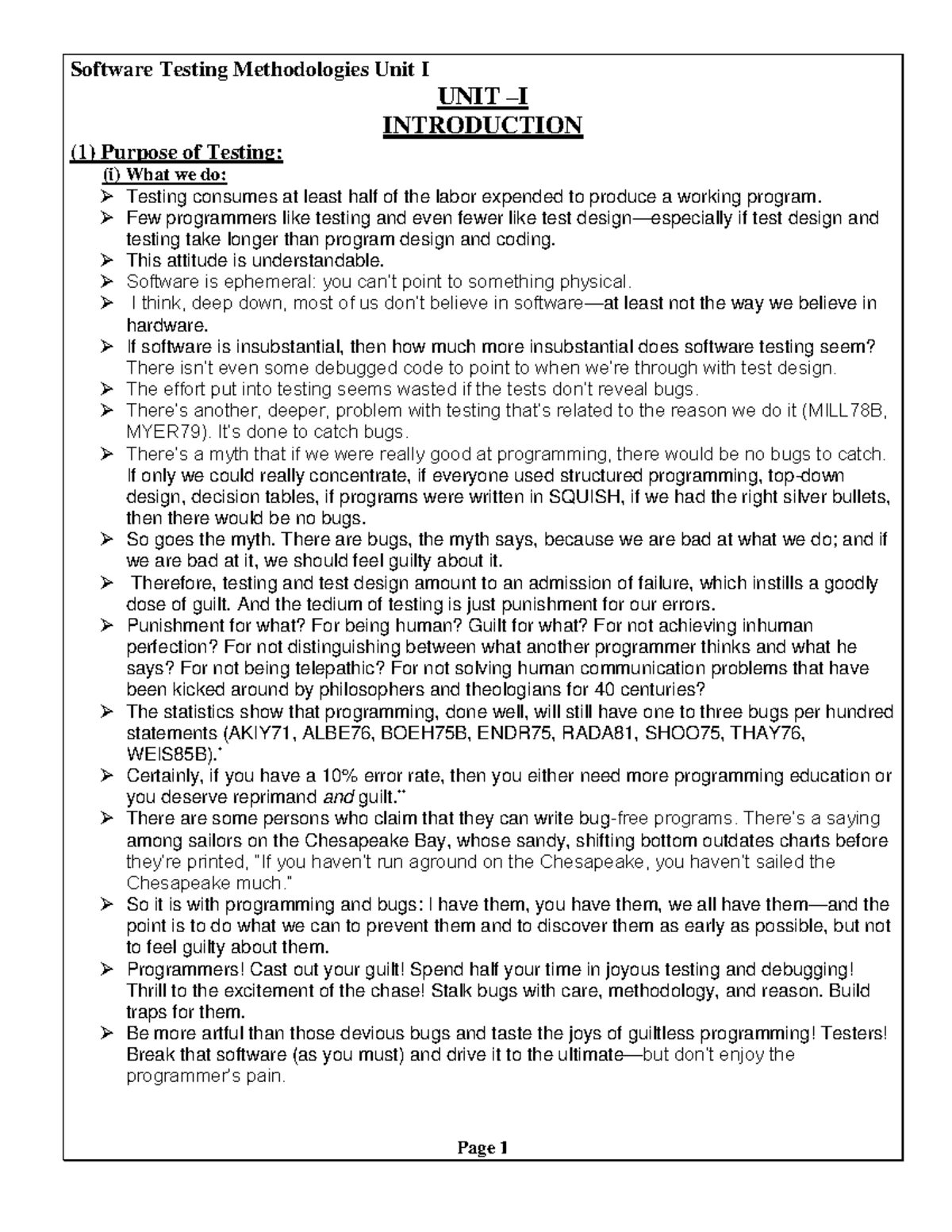 STM - STM - UNIT – I INTRODUCTION (1) Purpose of Testing: (i) What we ...