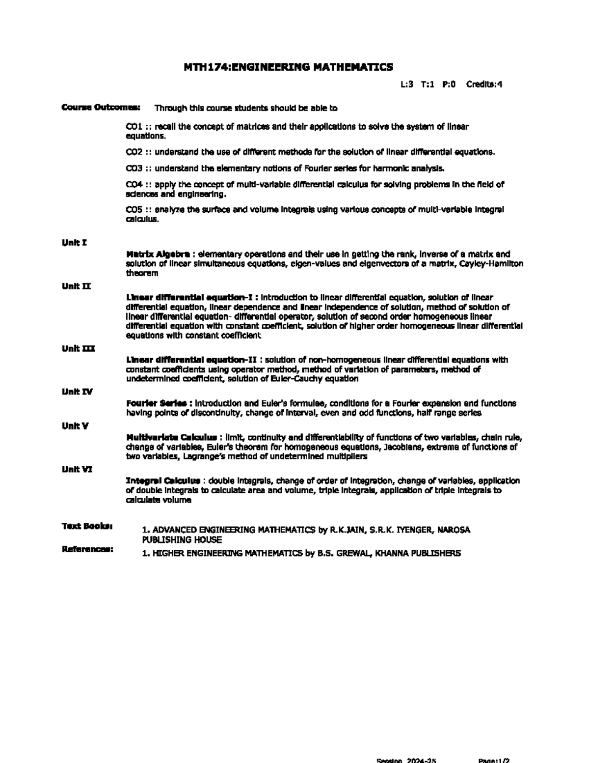 MTH174: Engineering Mathematics Syllabus for SEM1 2023 - Studocu