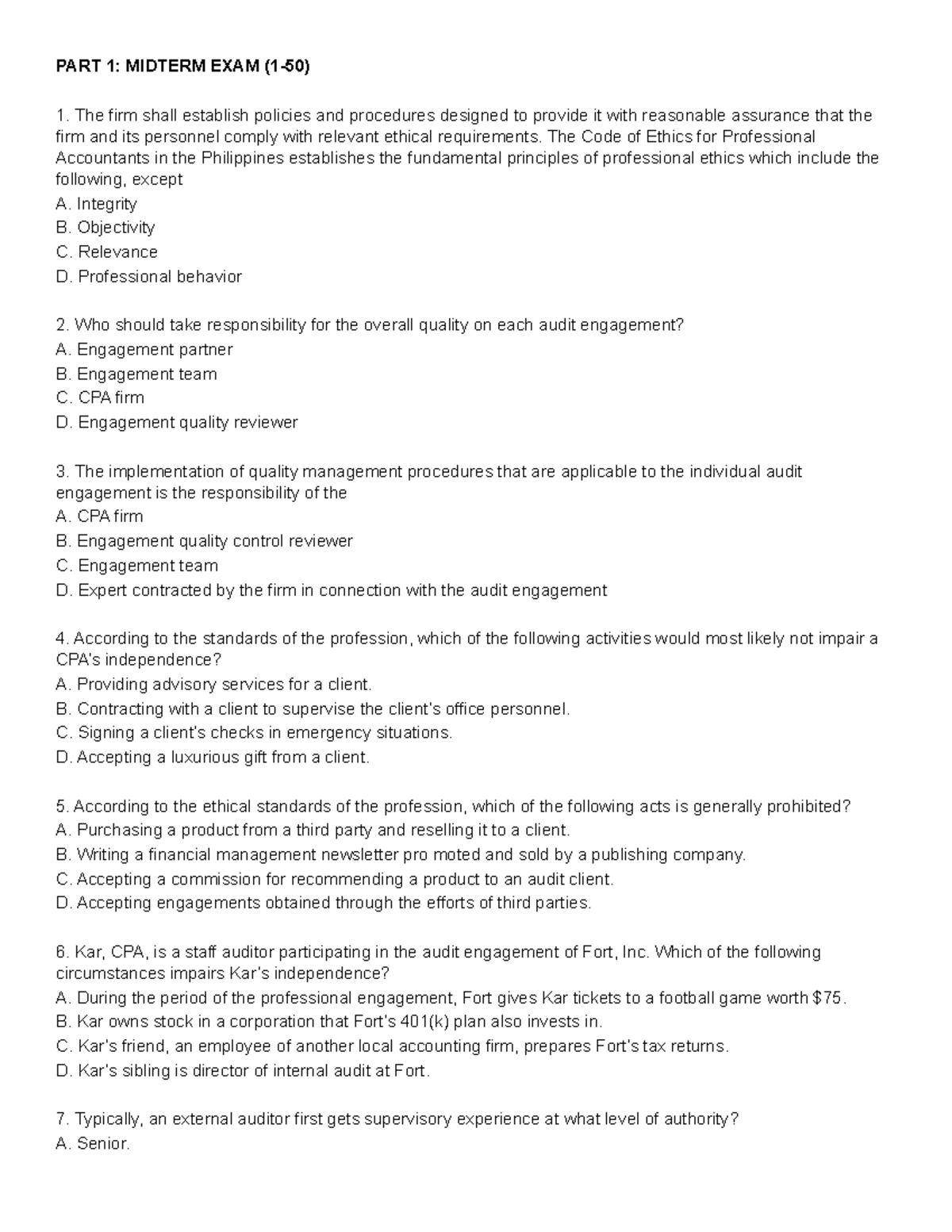 AUD 101: MIDTERM EXAM 1 - Auditing Theory Questions - Studocu