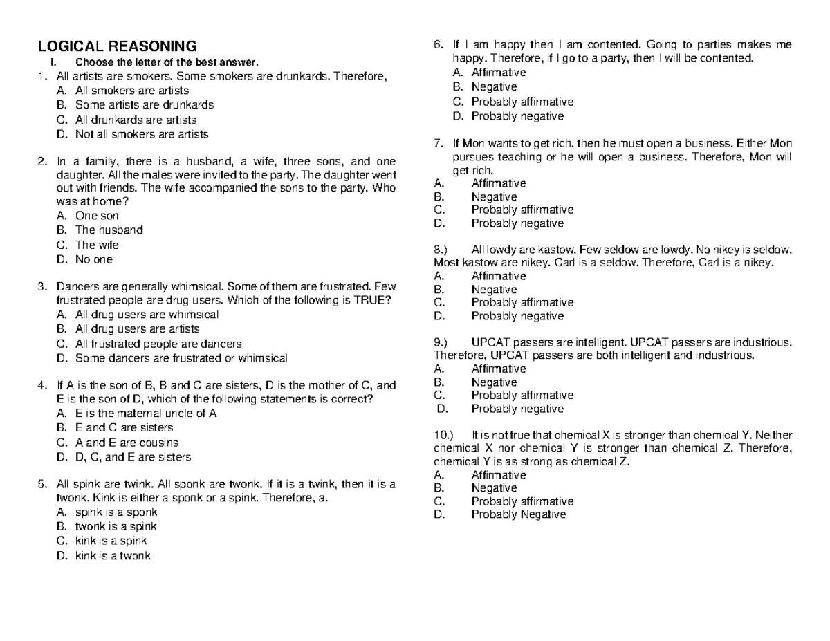 LOGICAL REASONING I: Exam Questions and Answers - Studocu