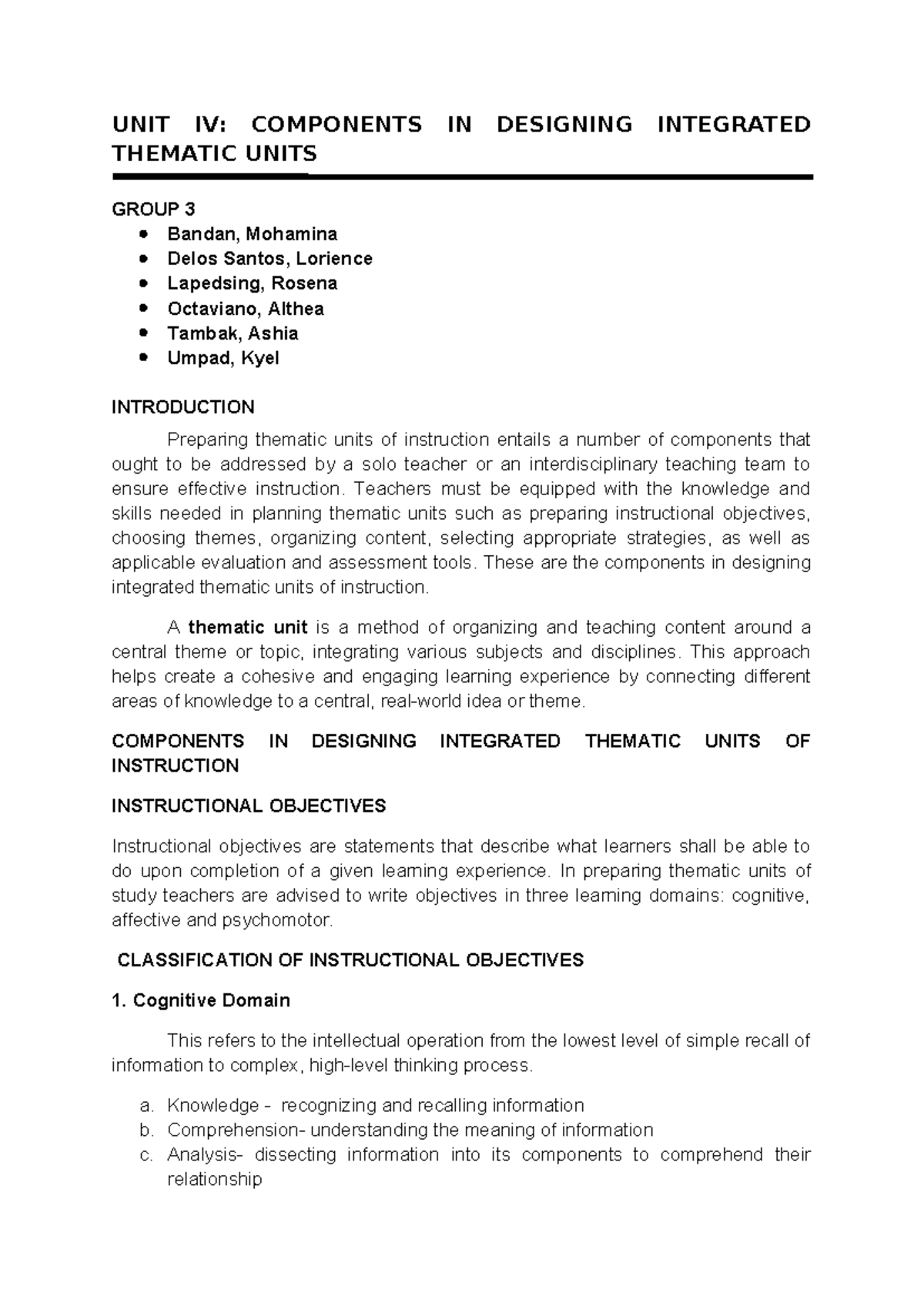 Group 3 - UNIT IV - Components of Thematic Unit Design - Studocu